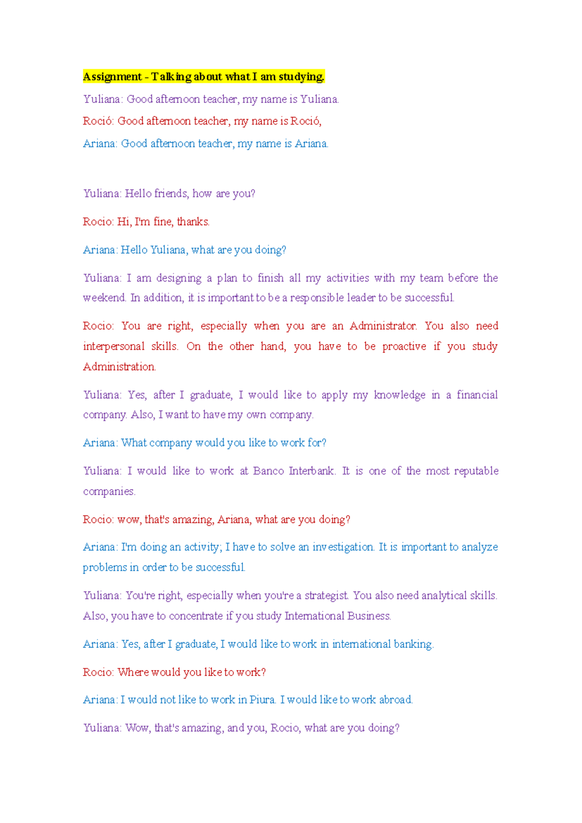 Semana 5 Dialoguet - Assignment - Talking about what I am studying ...