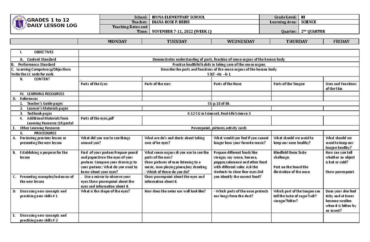 DLL Science 3 Q2 W1 - PROF. DELA CRUZ - GRADES 1 to 12 DAILY LESSON LOG ...