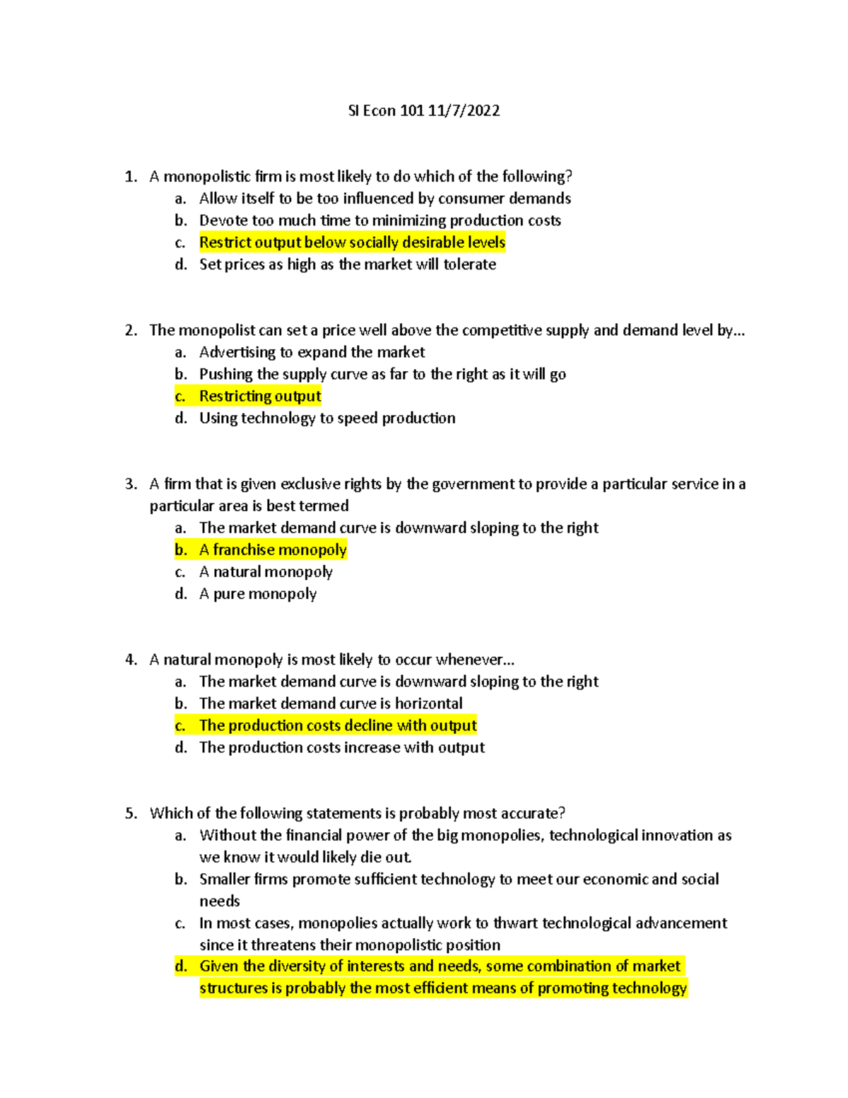 econ 101 - competitive markets and monopolies - SI Econ 101 11/7/ A ...