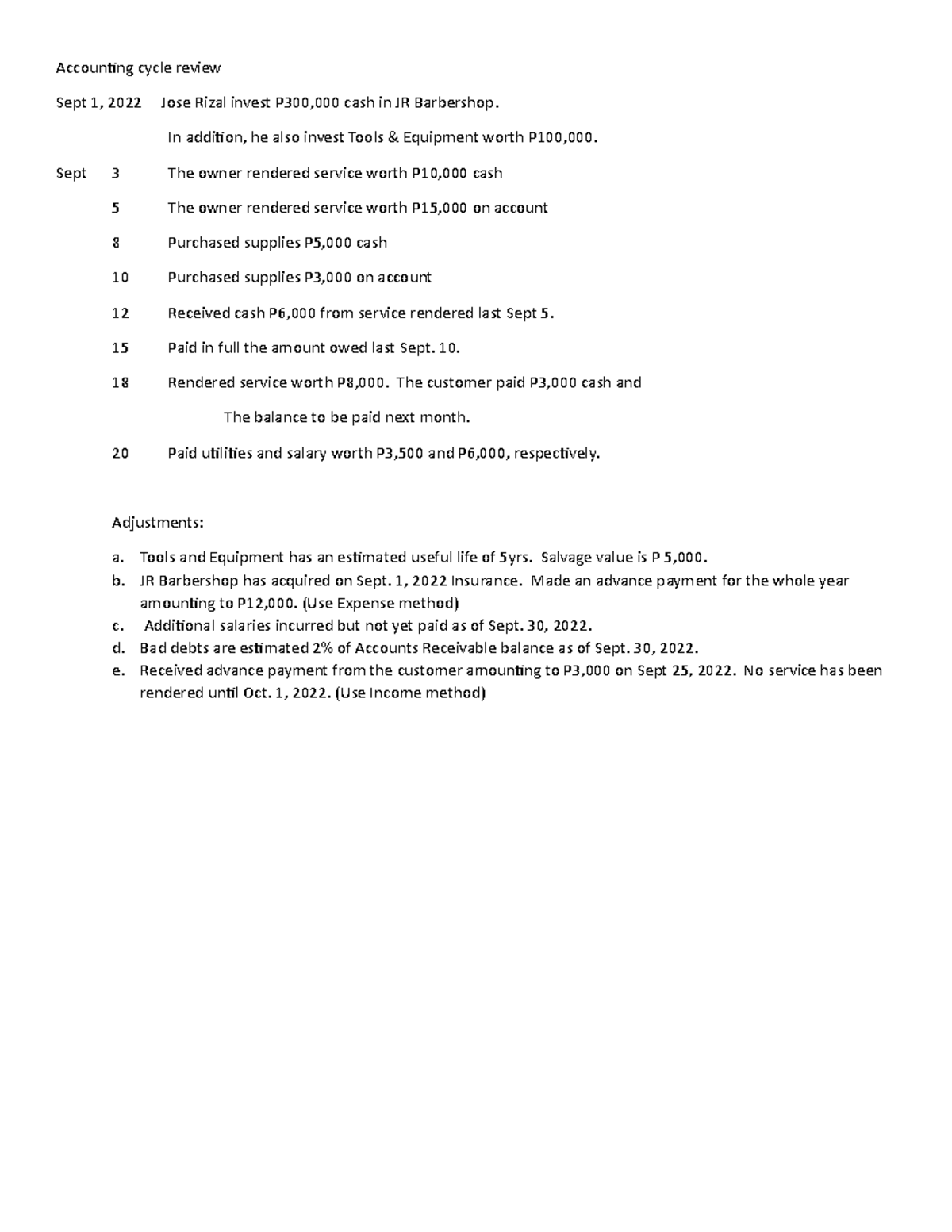 Journal entry exercises 2 - Accounting cycle review Sept 1, 2022 Jose ...