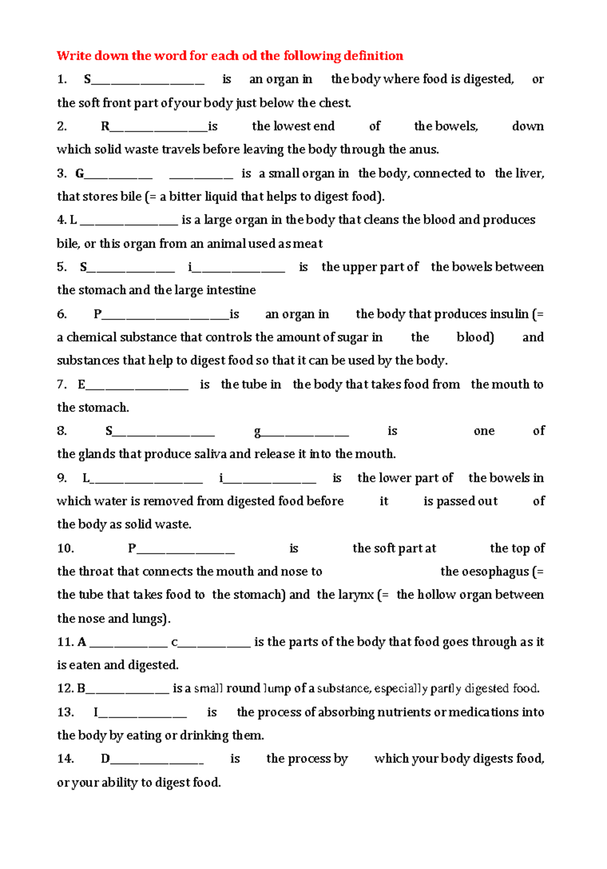 Unit 5 Word definition 1 - Write down the word for each od the ...