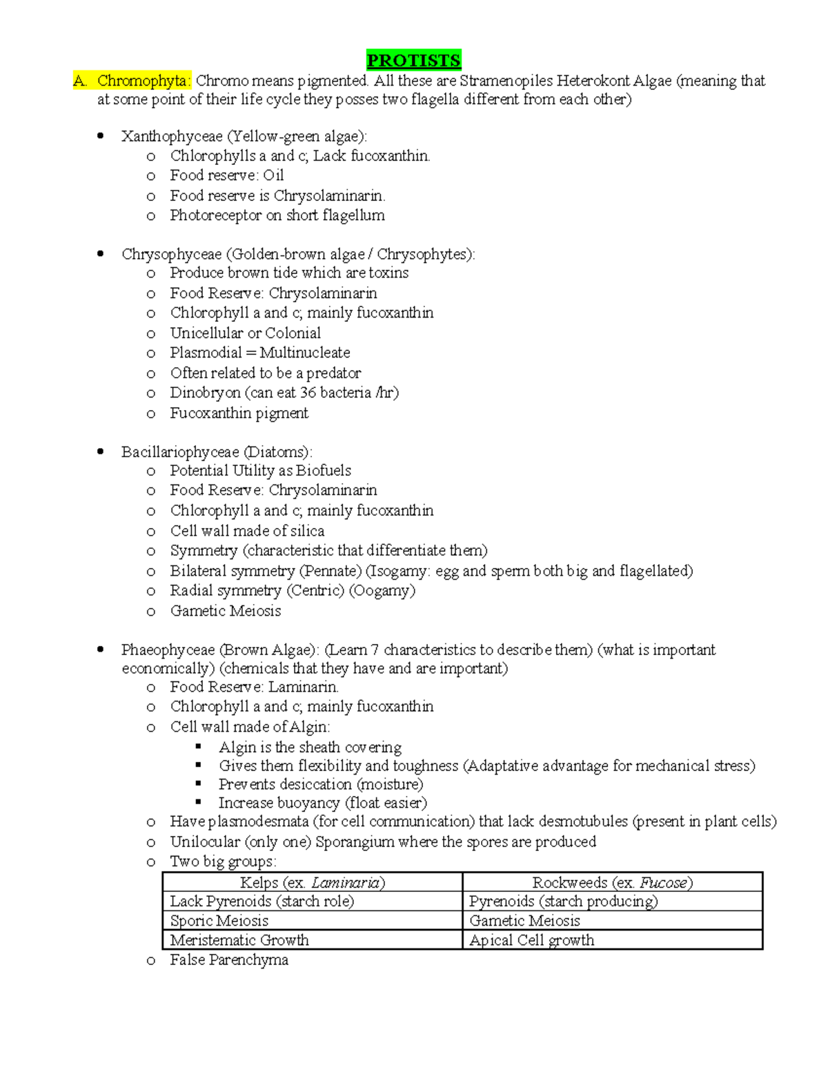 Exam 2 Study Guide - PROTISTS A. Chromophyta: Chromo means pigmented ...
