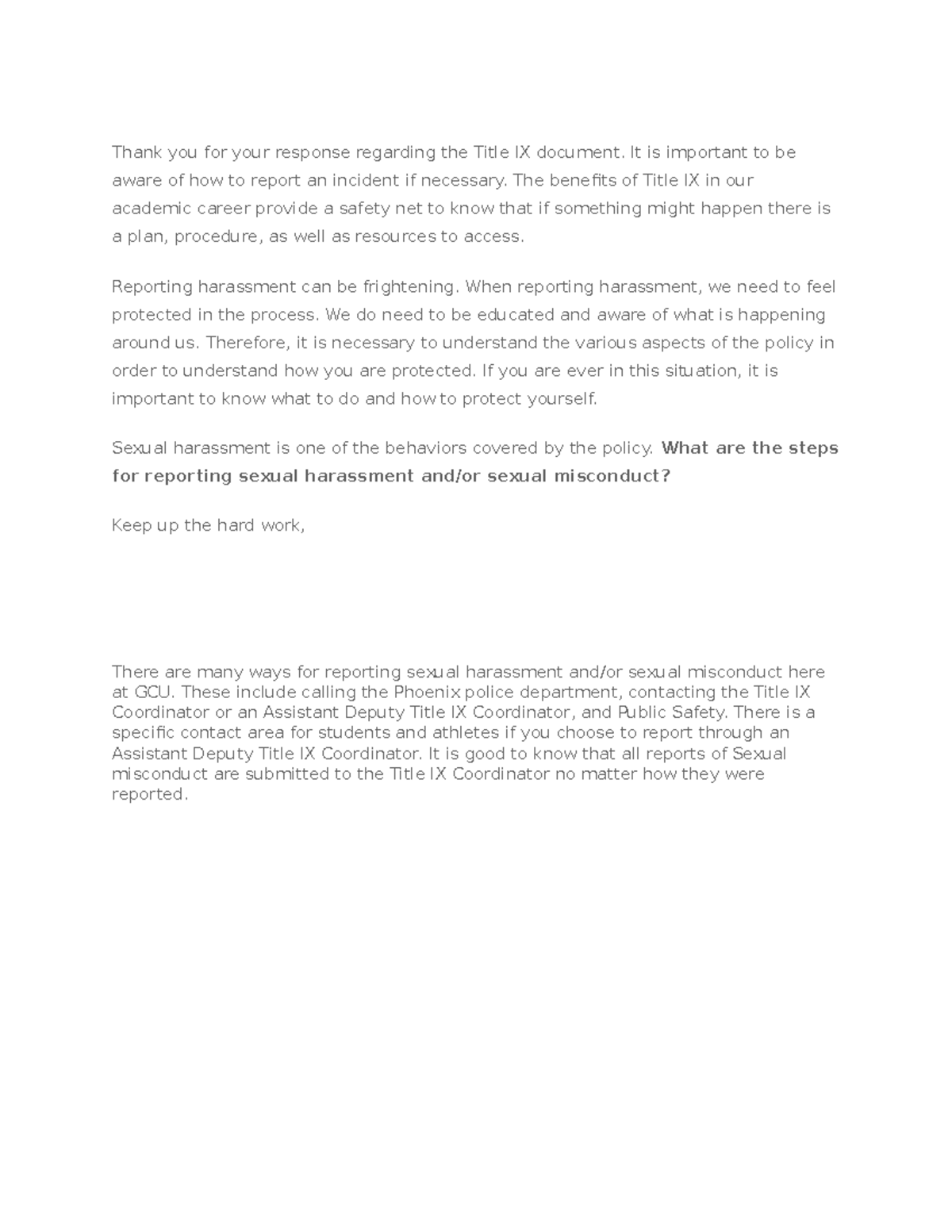 Reporting Harassment - Week 2 Participation. - Thank you for your ...