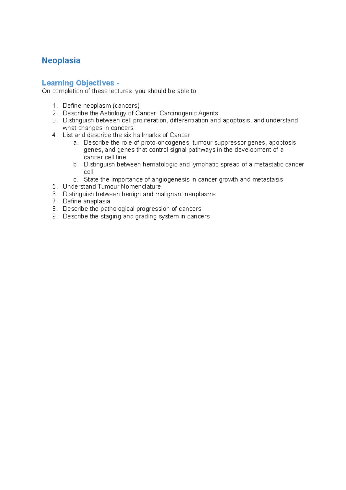 Worksheet week 4 - Neoplasia - Neoplasia Learning Objectives - On ...