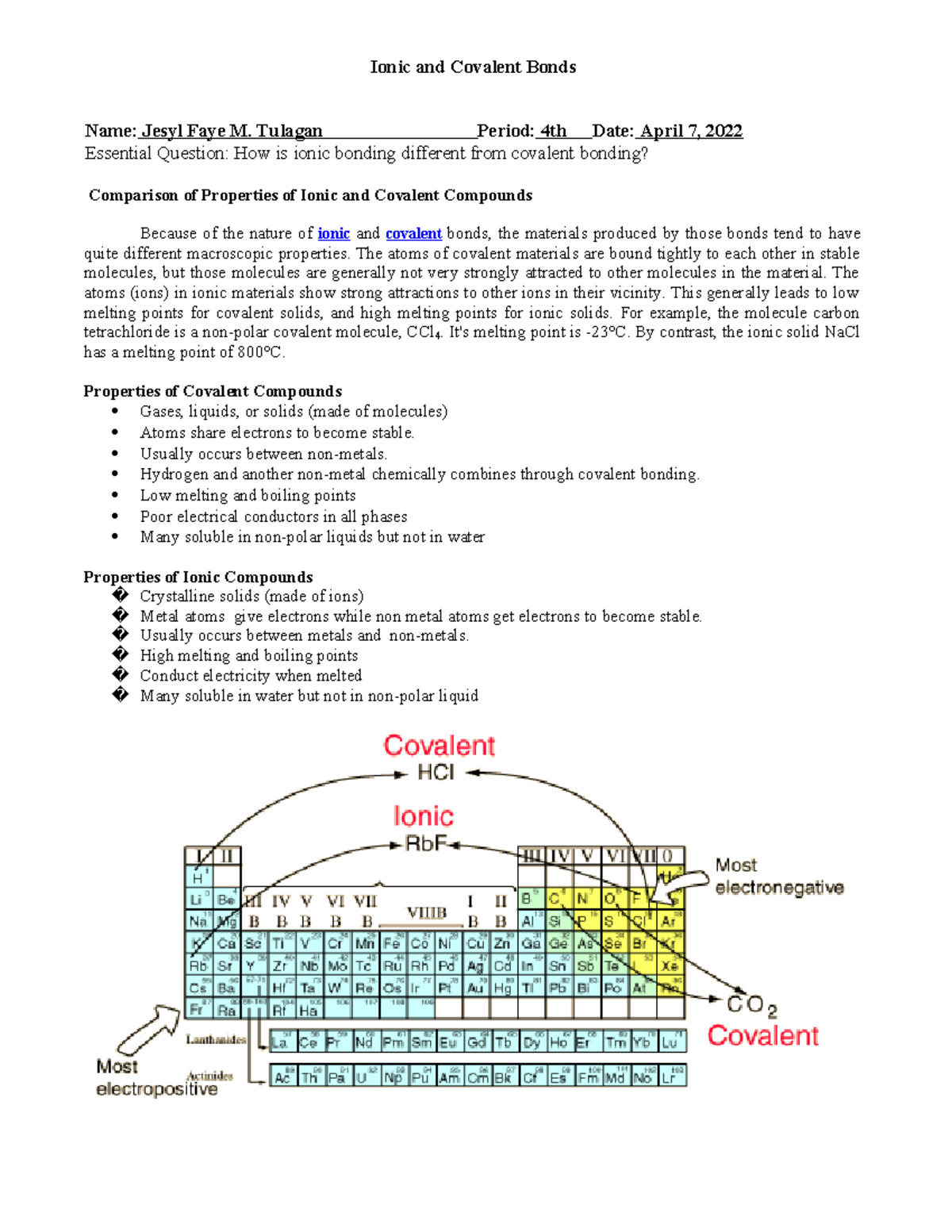 Activity 7 Covalent Bonds - Ionic and Covalent Bonds Name: Jesyl Faye M ...