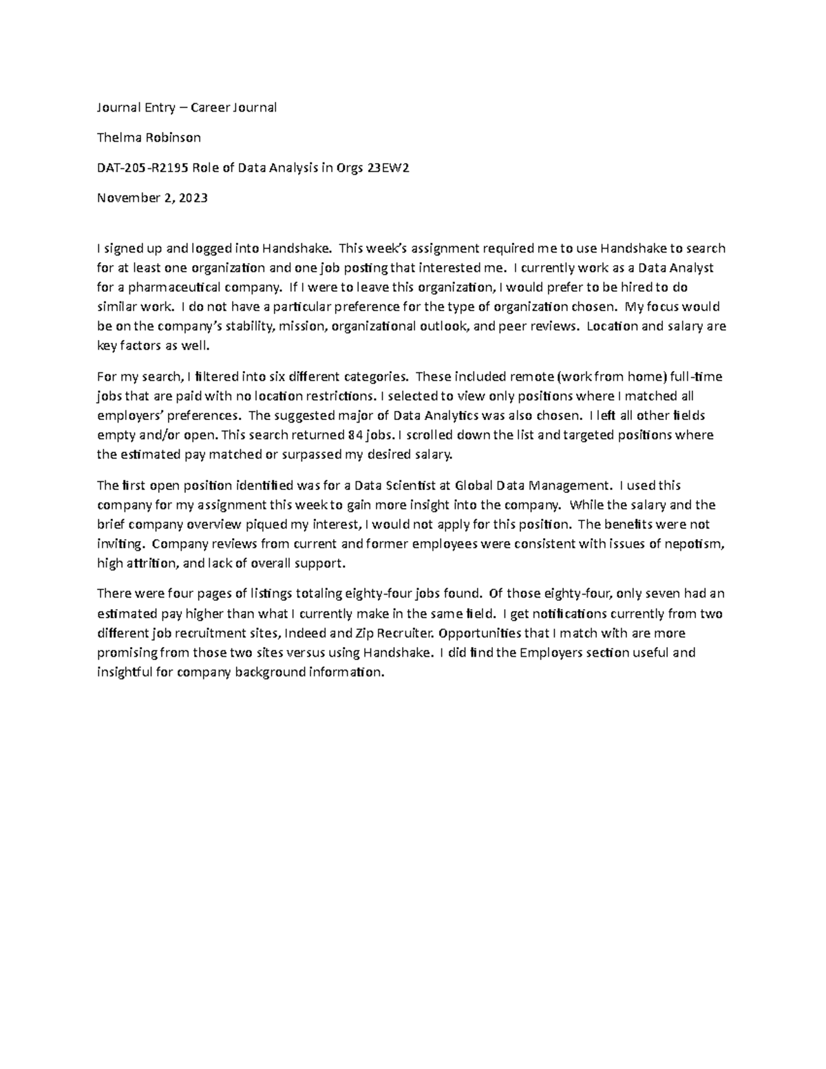 DAT 205 Moduel Two Journal Entry – Career Journal - Journal Entry ...