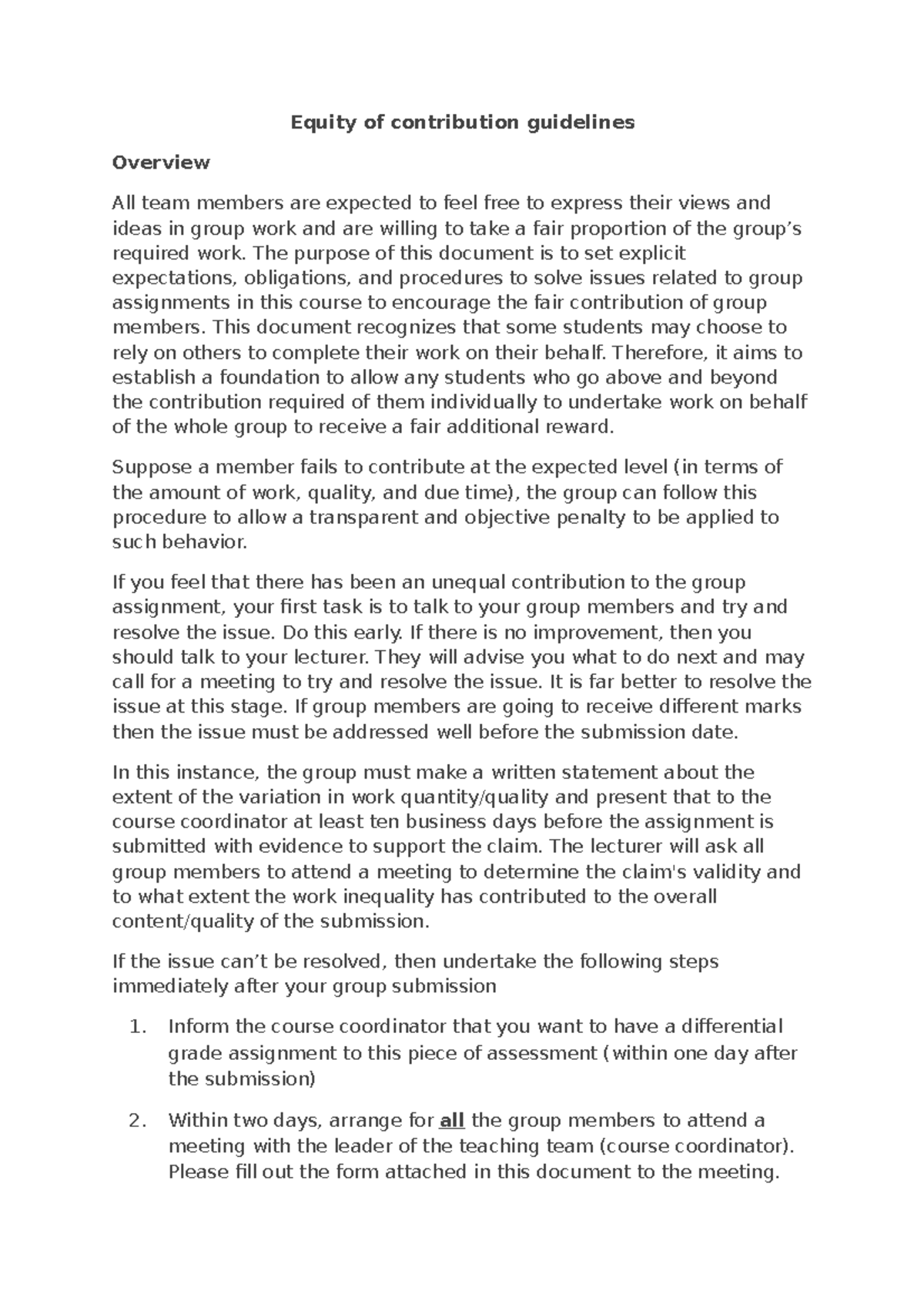 En equity to contribution guidelines - Equity of contribution guidelines Overview All team ...