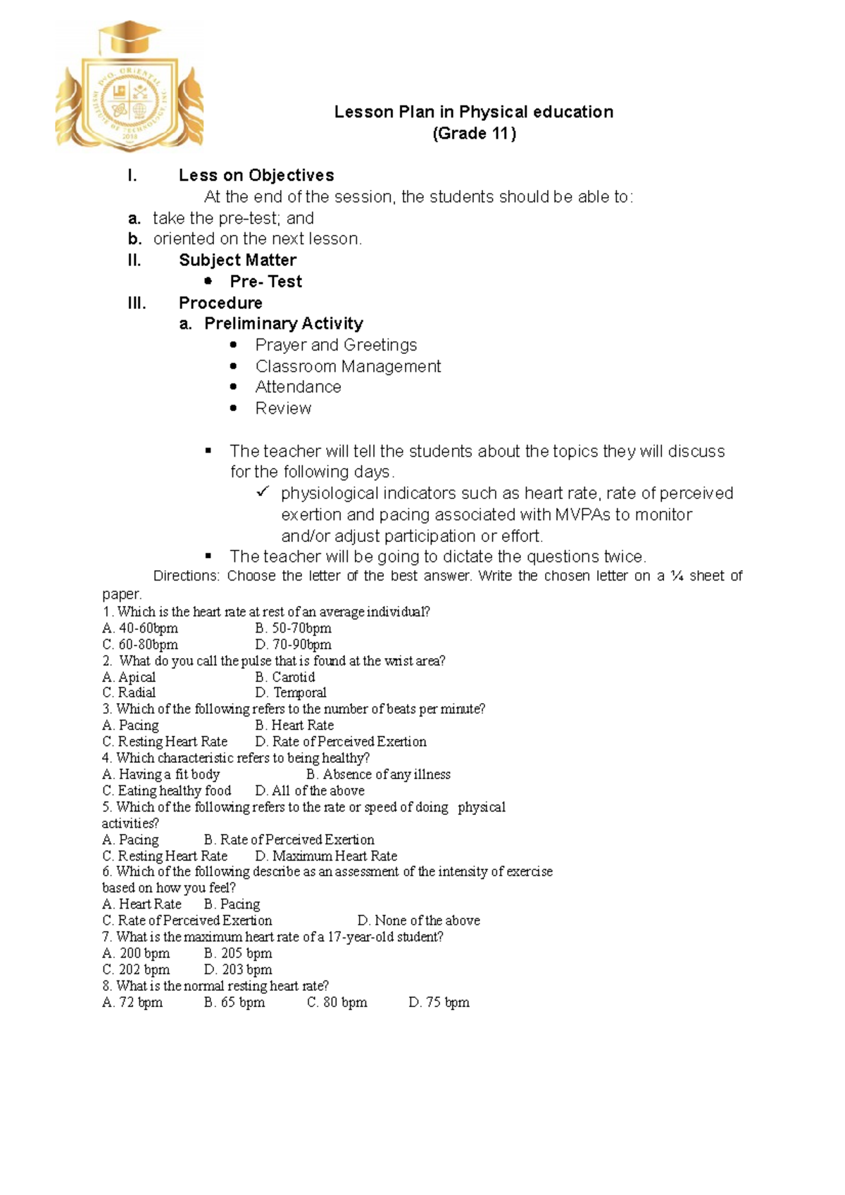 Day 1 Q2 Week 1 - Lesson plan - Lesson Plan in Physical education ...