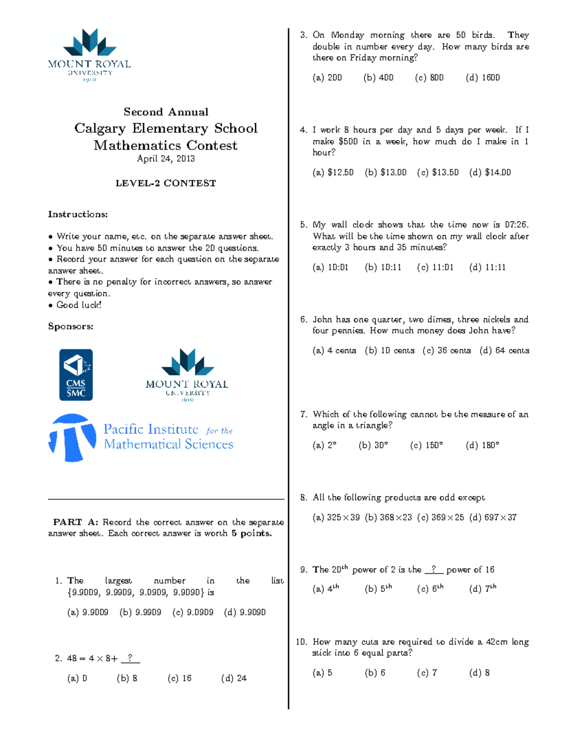 Cesmc 2013 Level 2 Contest Paper - Second Annual Calgary Elementary ...