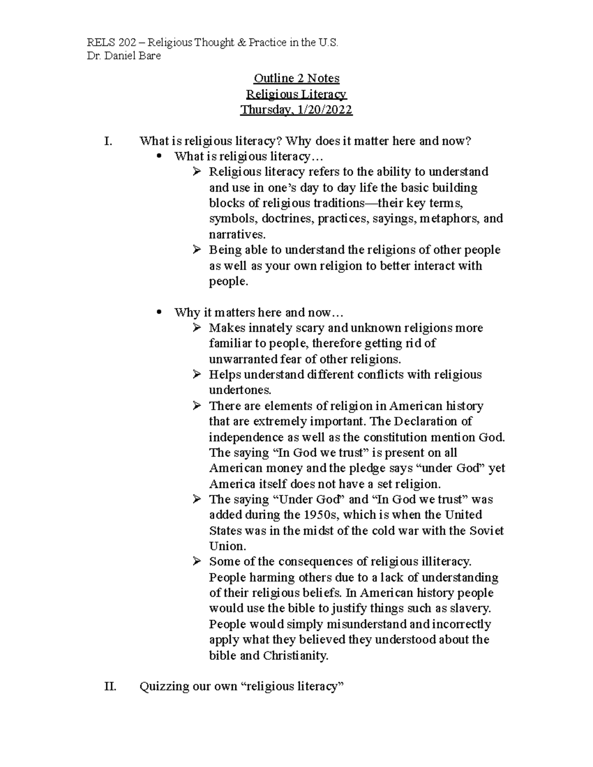 Outline 02 - religious literacy - RELS 202 – Religious Thought ...