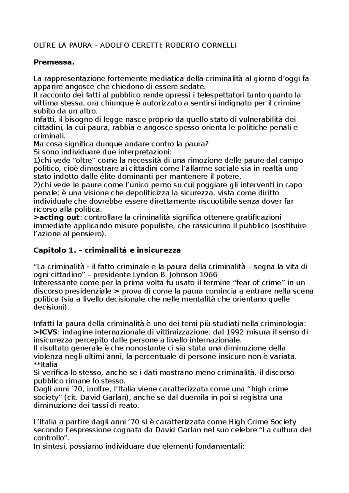 Riassunto - Oltre la Paura - OLTRE LA PAURA – ADOLFO CERETTI; ROBERTO CORNELLI Premessa. La ...