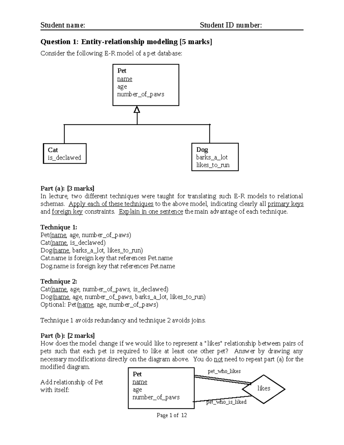 ece 356 final exam - Question 1: Entity-relationship modeling [5 marks] Consider the following E ...