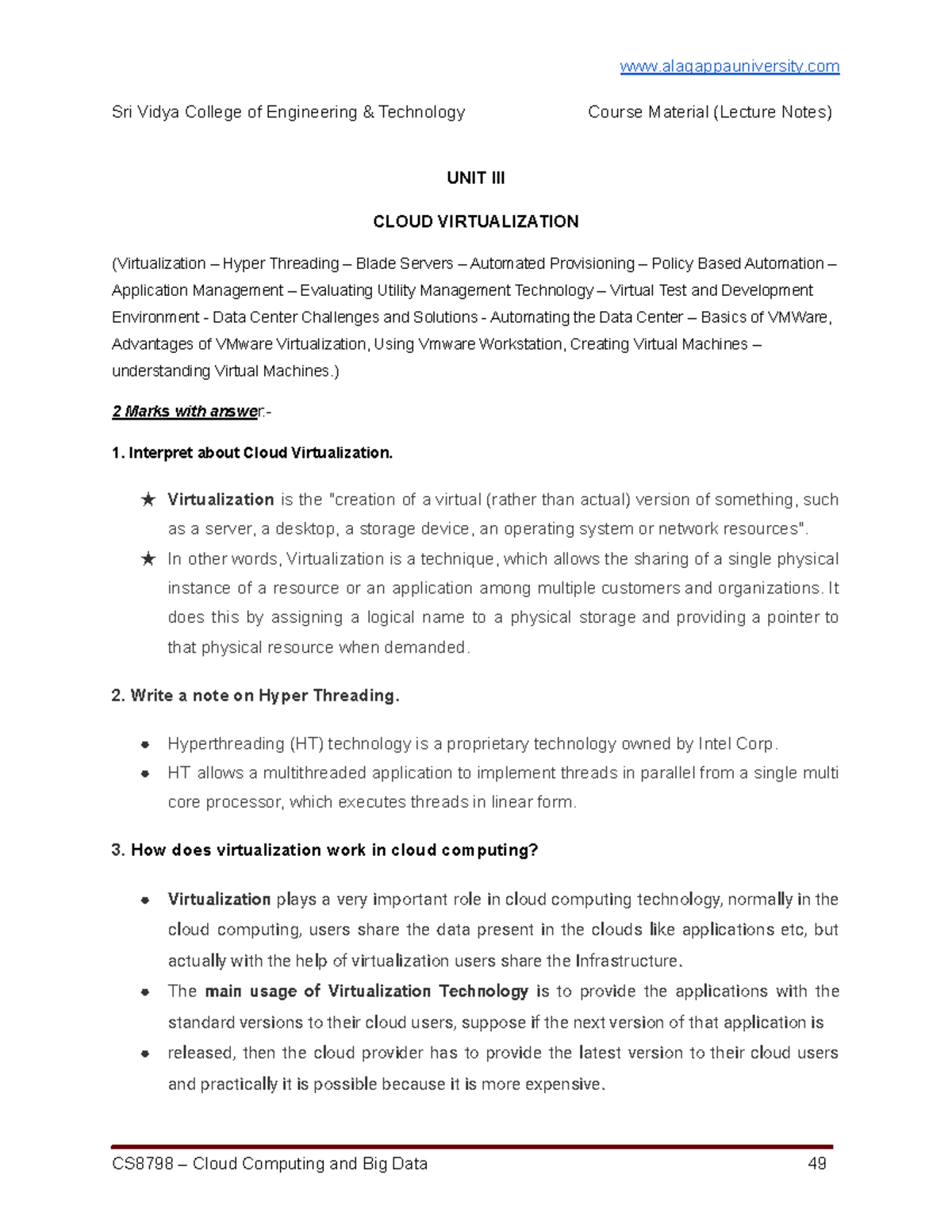 CCBD Unit 3 - Cloud Computing Lecture Notes - Sri Vidya College of ...