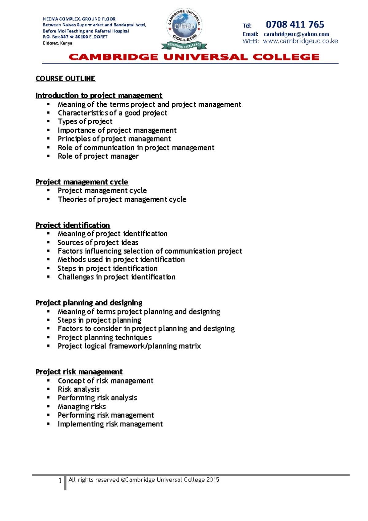 Project Management 075254 - COURSE OUTLINE Introduction to project ...