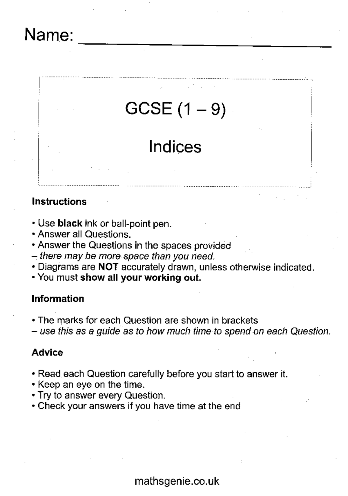 indices numbers - Name: GCSE Indices Instructions Use black ink or pen ...