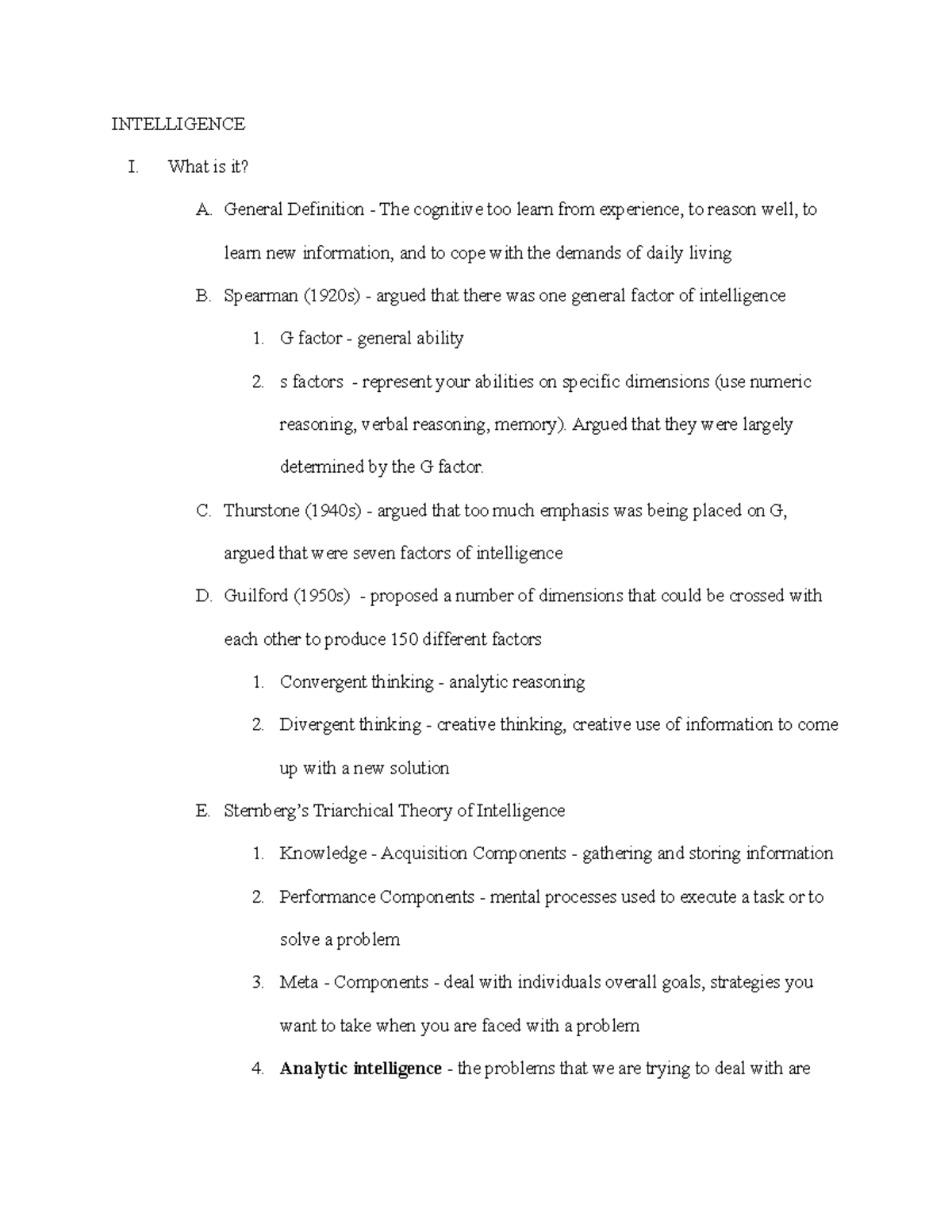 Intelligence (2 13) - This is an study guide - INTELLIGENCE I. What is ...