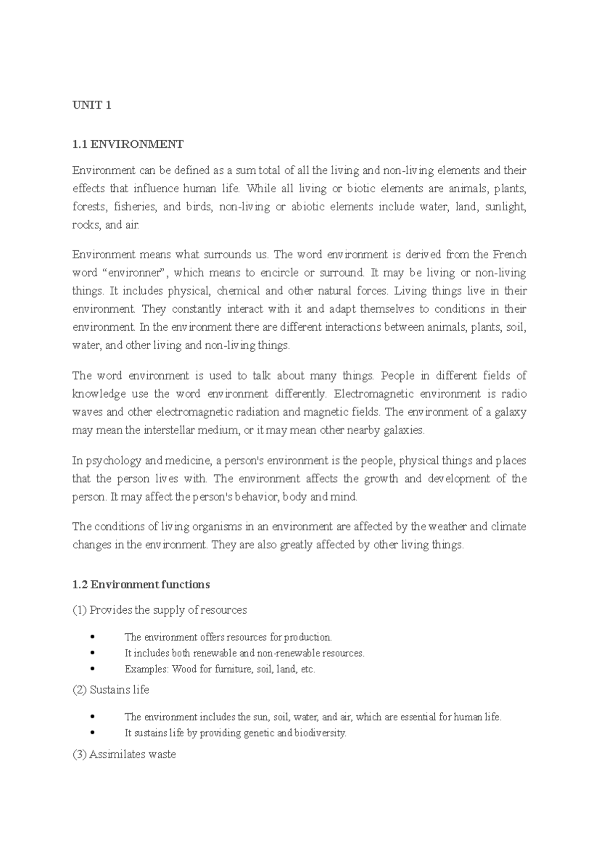 Unit 1 - Notes of introduction to economics - UNIT 1 1 ENVIRONMENT ...