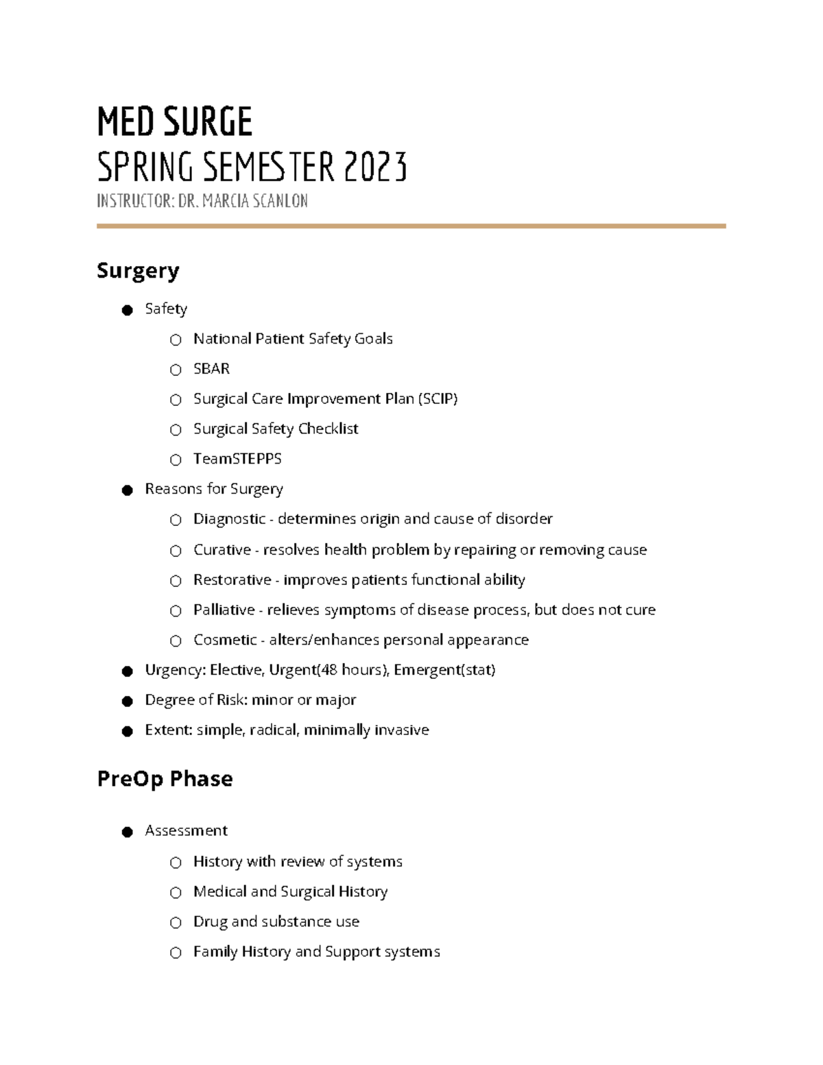 Med Surge Notes 2023 - Professor - MED SURGE SPRING SEMESTER 2023 ...