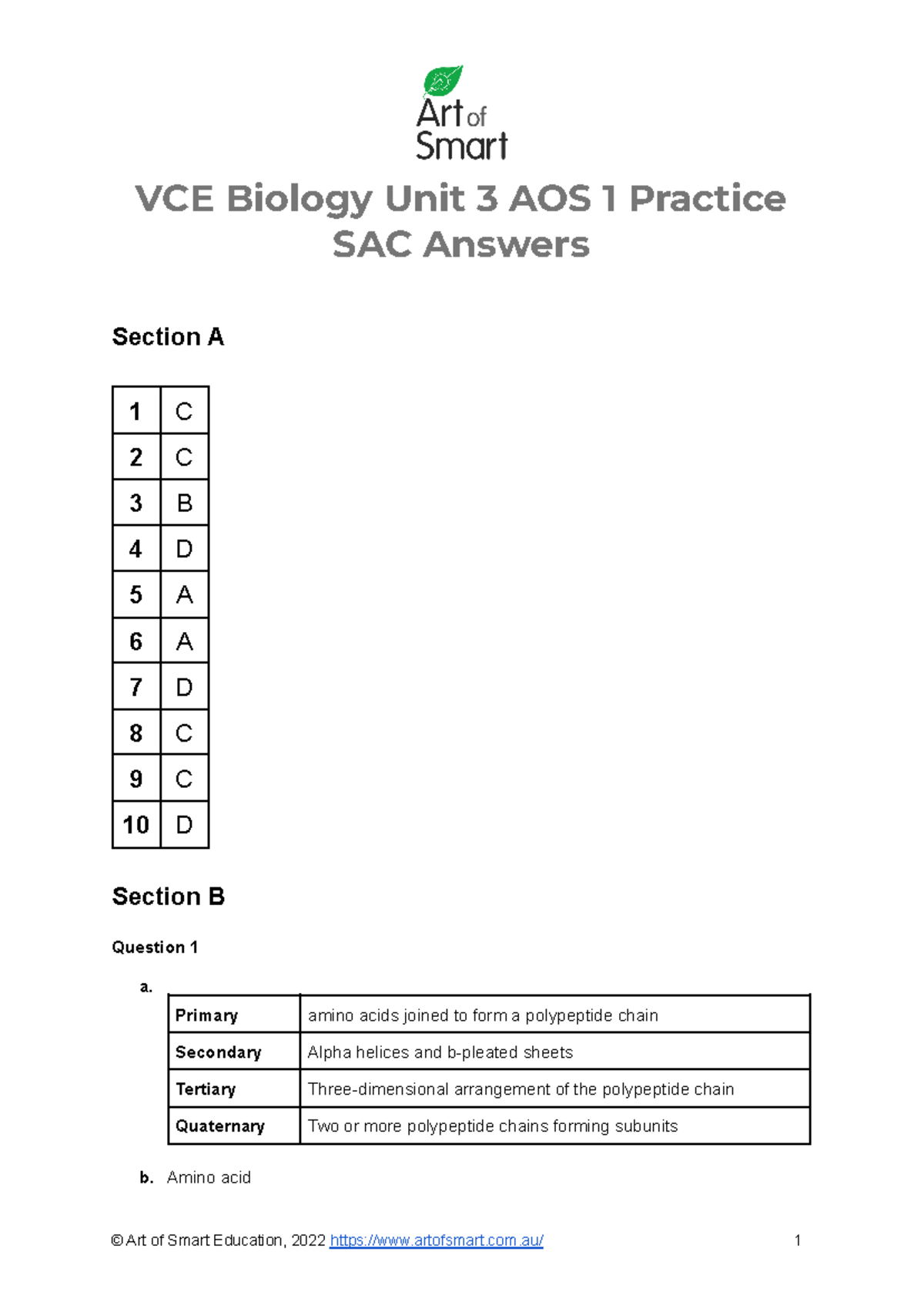 VCE Biology Unit 3 AOS 1 Practice SAC Answers Art of Smart Education ...