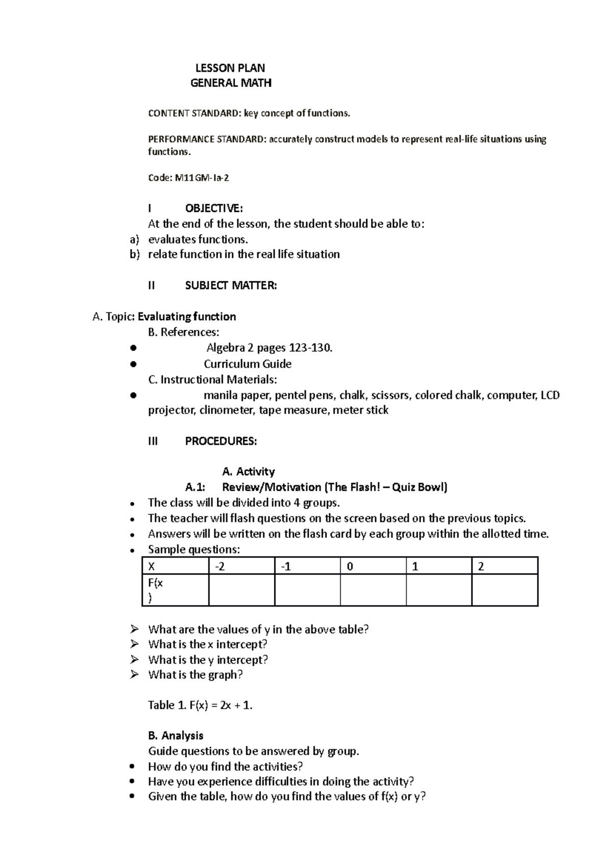 M11GM-Ia-2 - Genmath - LESSON PLAN GENERAL MATH CONTENT STANDARD: key ...
