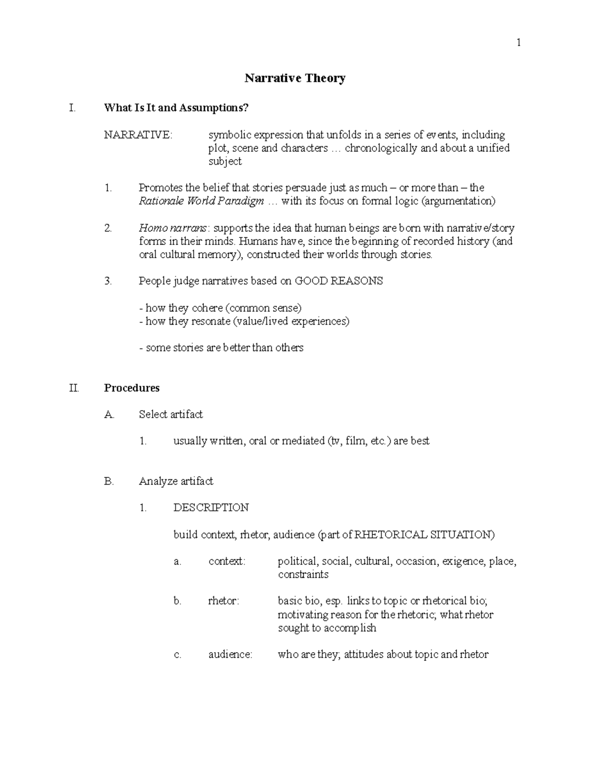 Rhetoric 10 - Narrative - 1 Narrative Theory I. What Is It and ...
