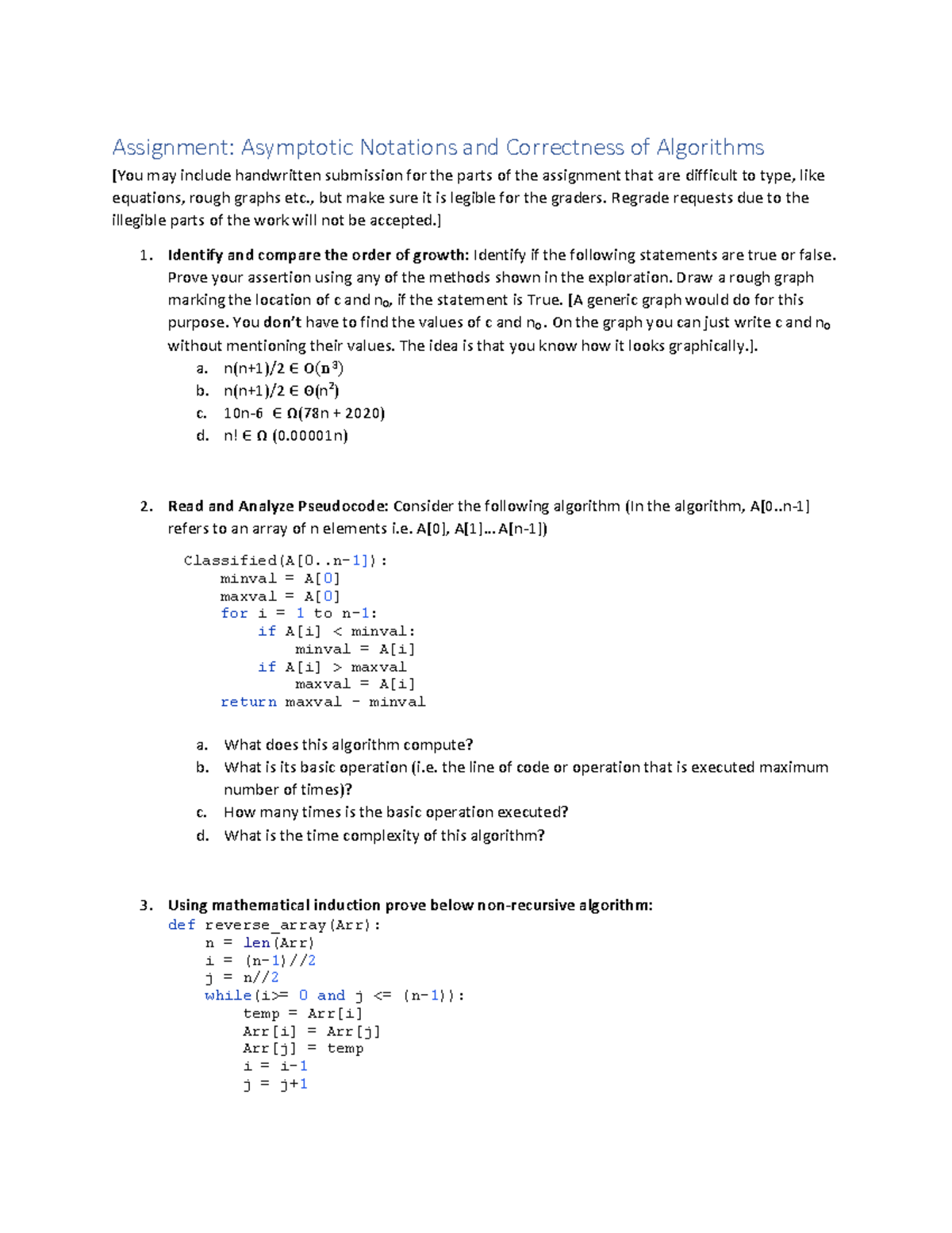 Assignment Asymptotic Notations And Correctness Of Algorithms But Make Sure It Is Legible 5113
