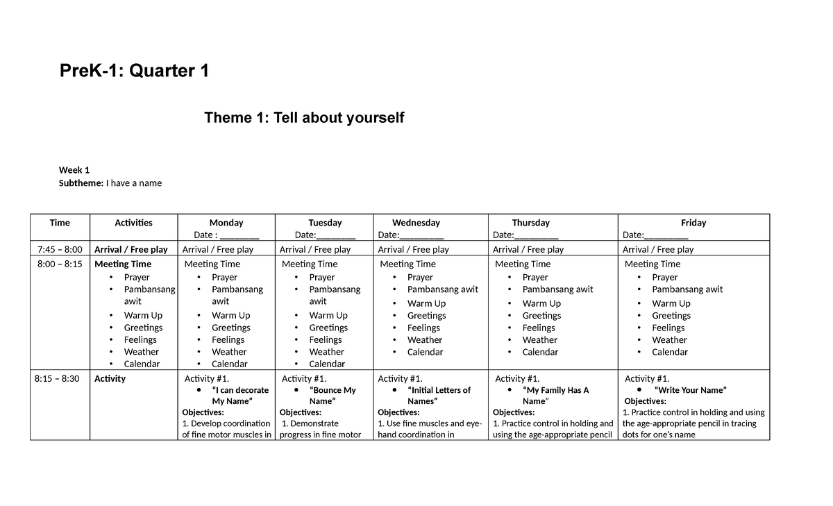 Session-PLAN - ECCD ppt - PreK-1: Quarter 1 Theme 1: Tell about ...