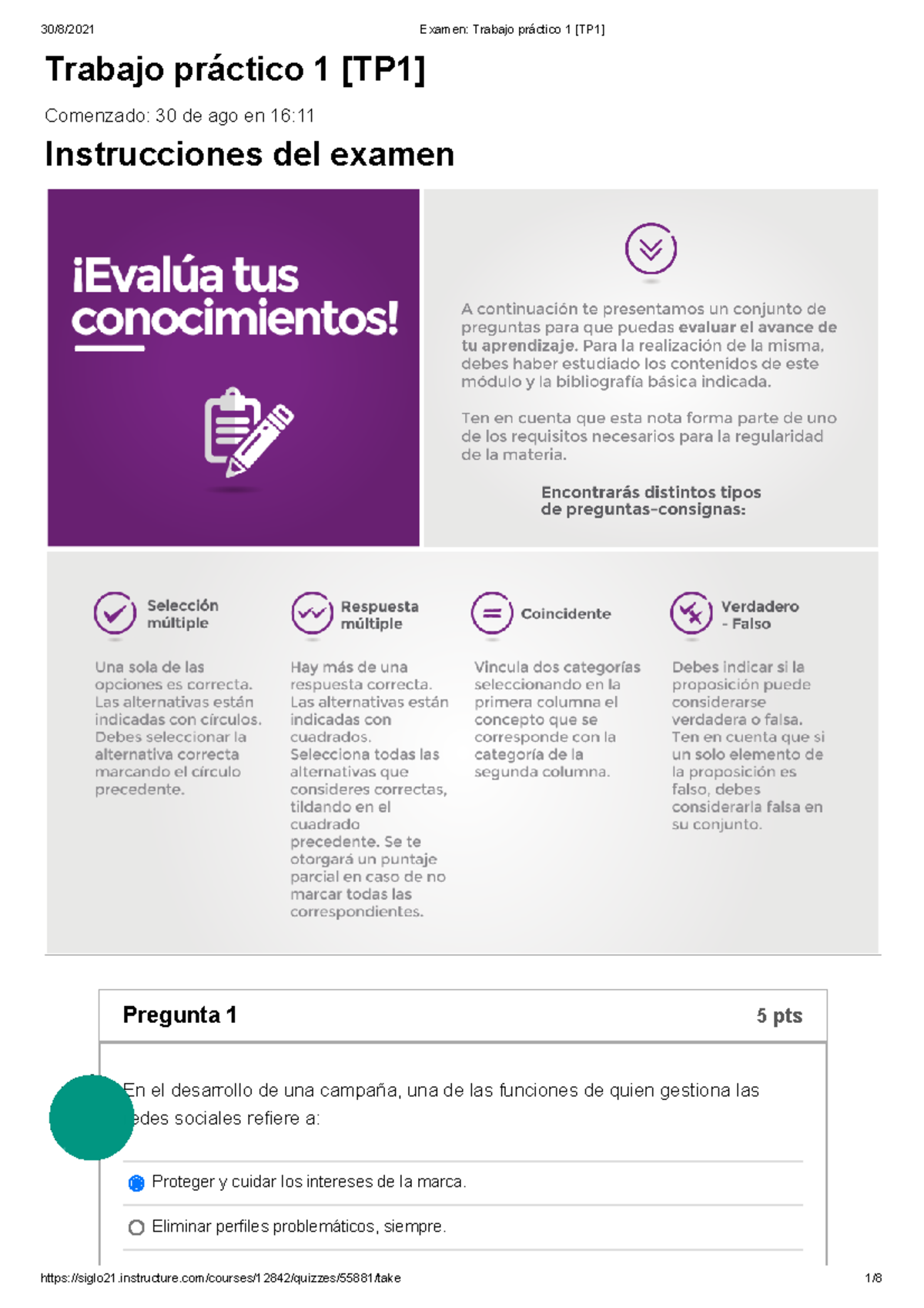 Examen Trabajo práctico 1 [TP1] estrategia digital 95% - Trabajo práctico 1 [TP1] Comenzado: 30 ...