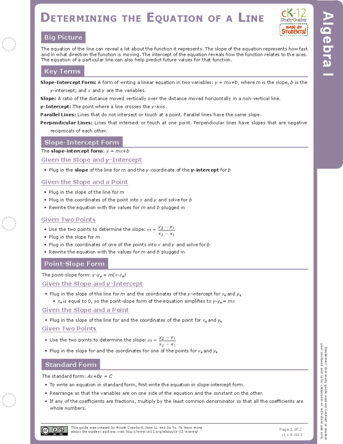 Determining the equation of a line - Algebra I Disclaimer: this study ...