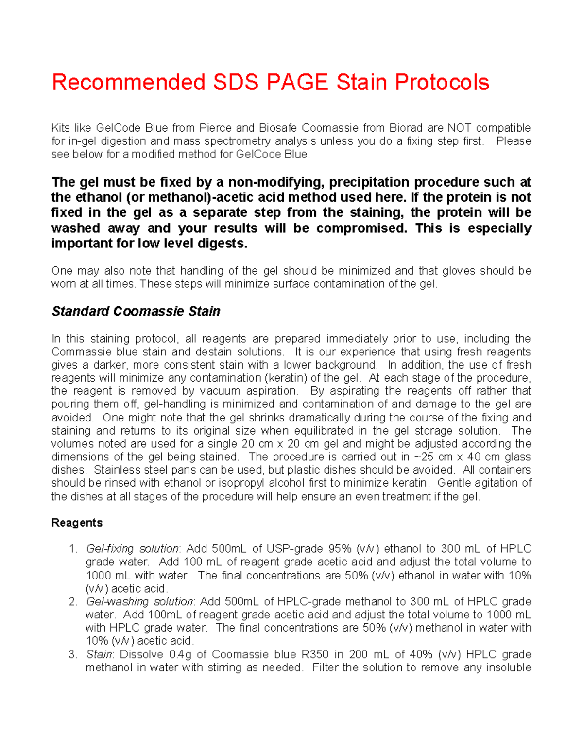 SDS PAGE Stain Protocol - Recommended SDS PAGE Stain Protocols Kits ...