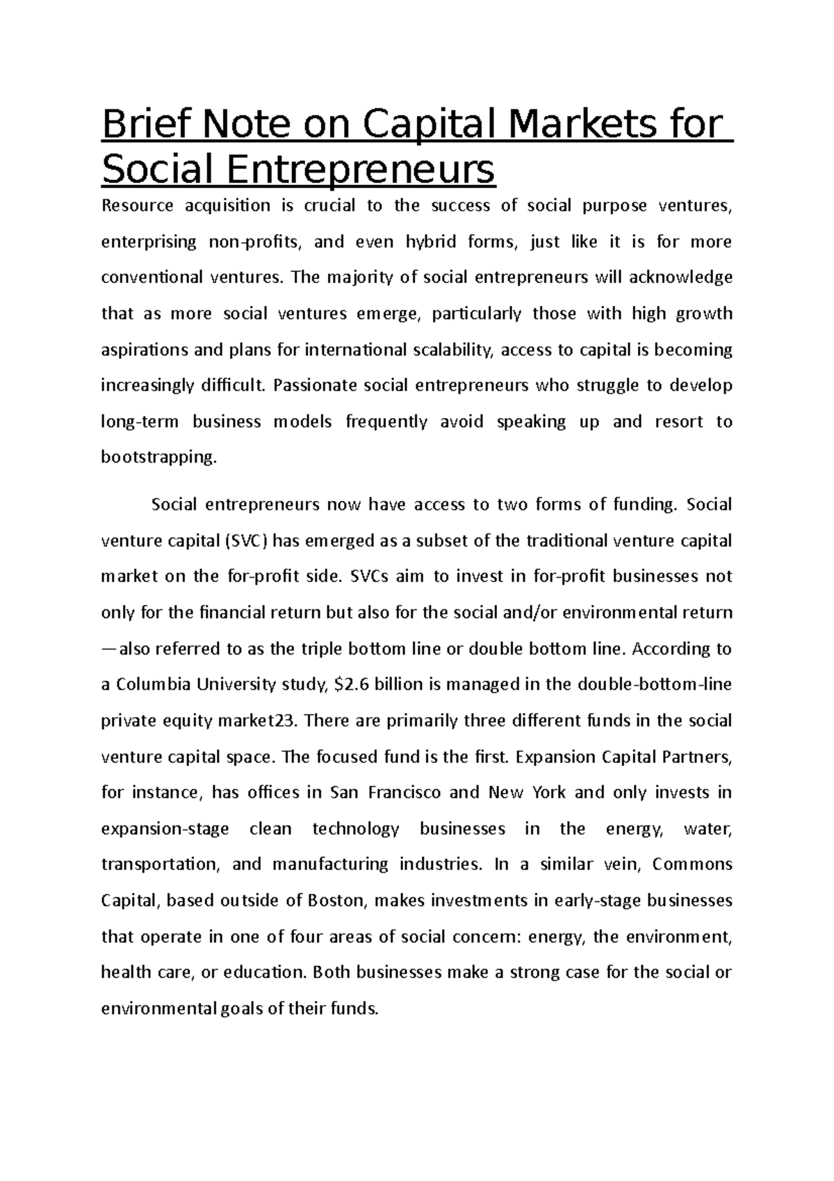 Brief note on Capital Markets for Social Entrepreneurs - Brief Note on ...