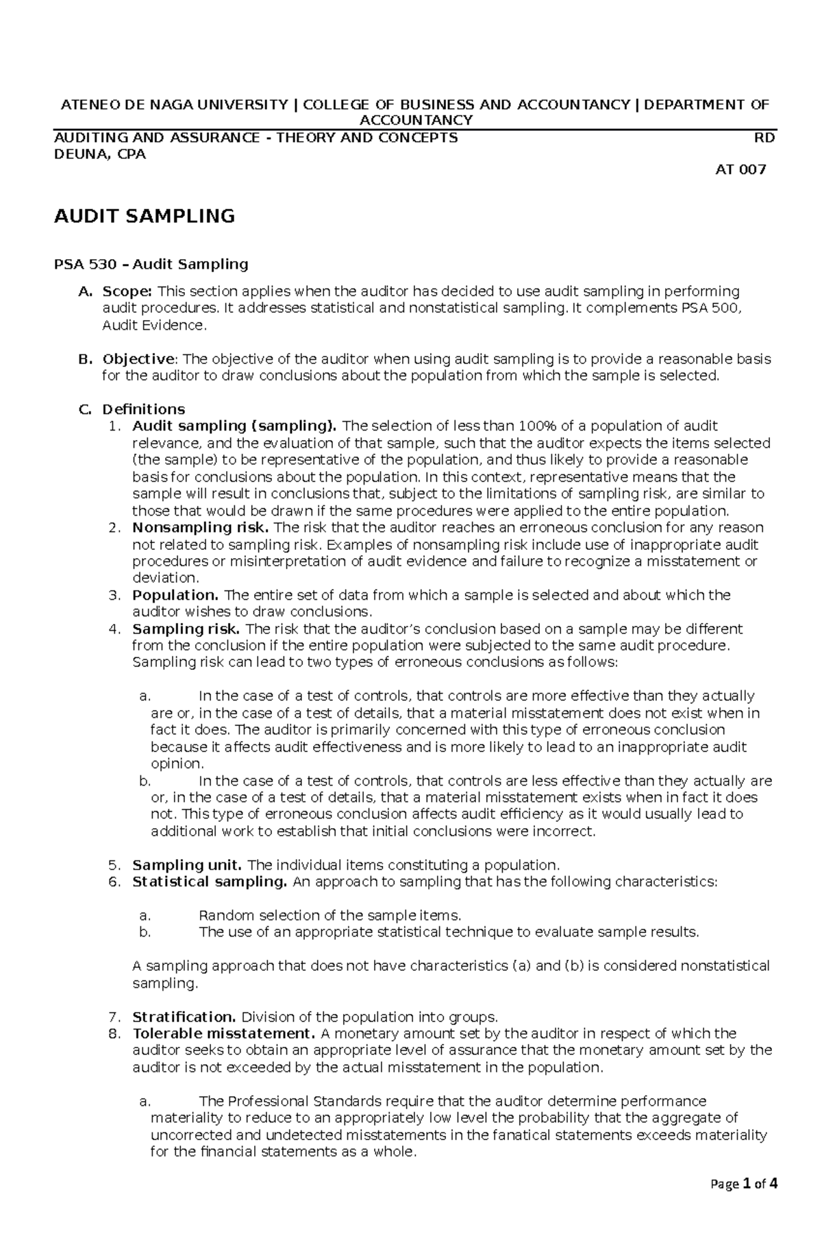 AUT - 006 - Audit Sampling - ATENEO DE NAGA UNIVERSITY | COLLEGE OF ...