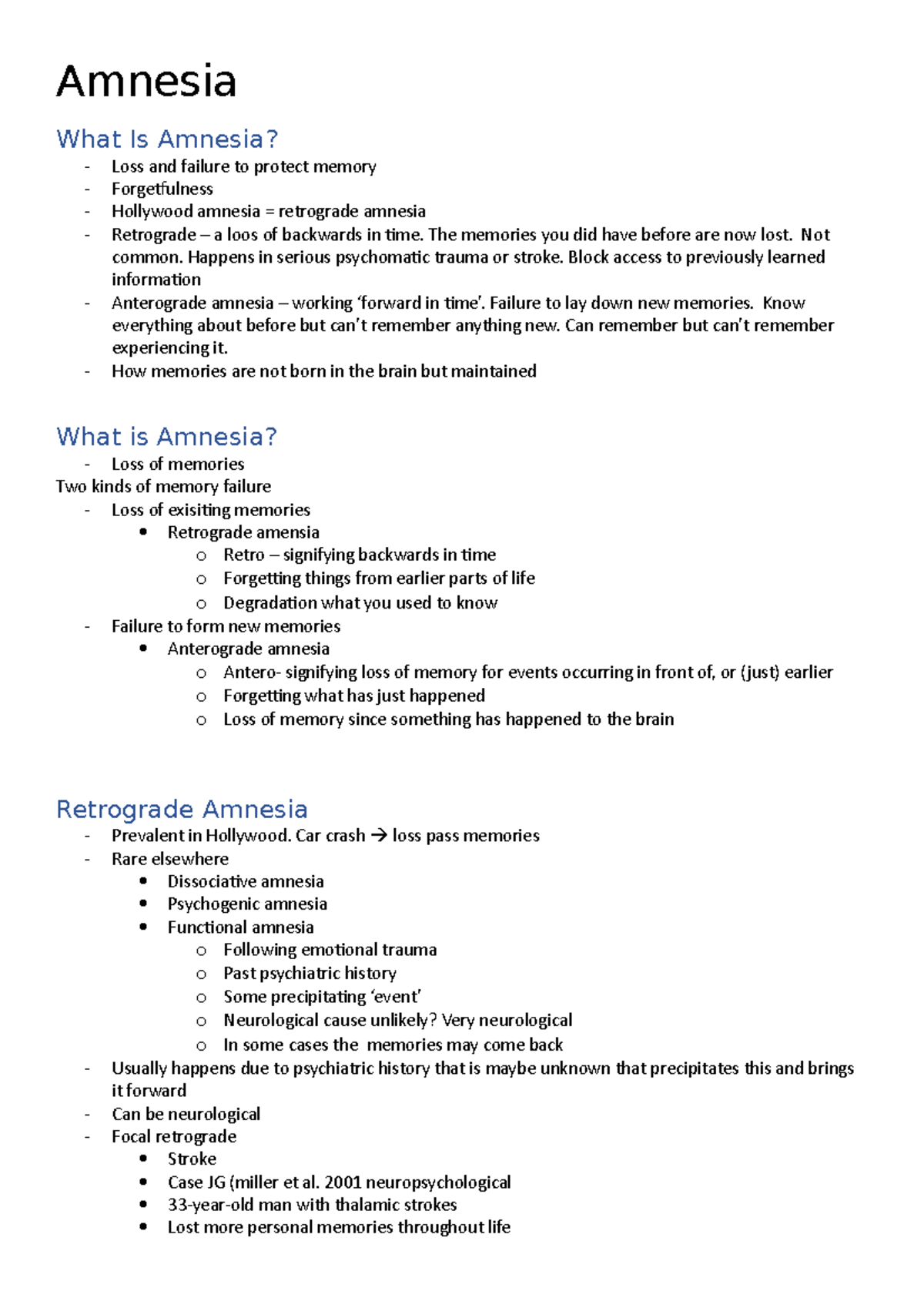 Amnesia - Lecture notes 2 - Amnesia What Is Amnesia? Loss and failure ...