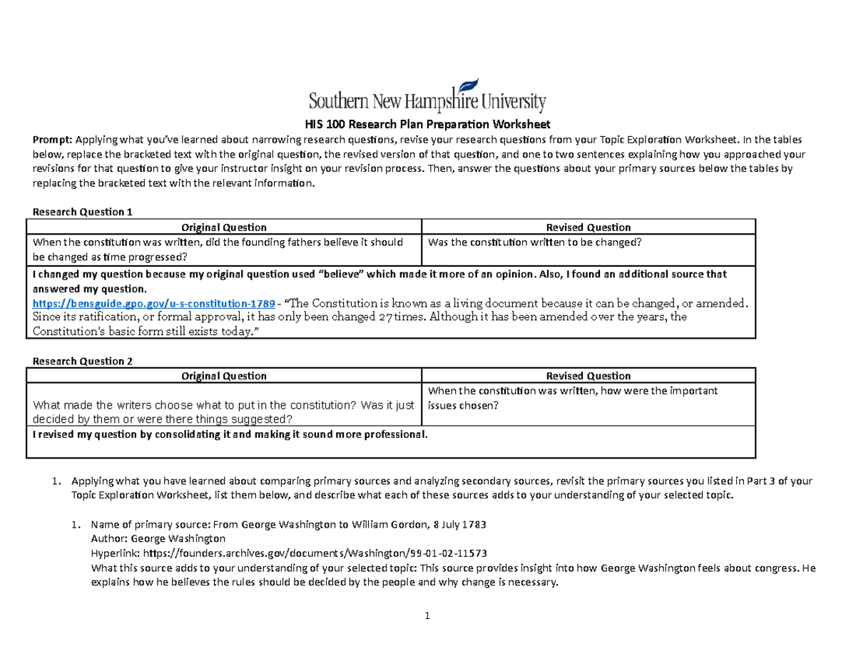 HIS 100 Research Plan Preparation Worksheet - HIS 100 Research Plan ...