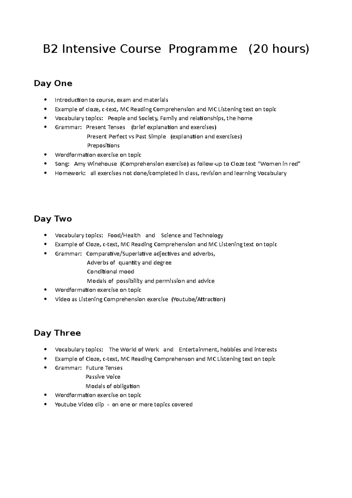 B2 programma esame - B2 Intensive Course Programme (20 hours) Day One ...
