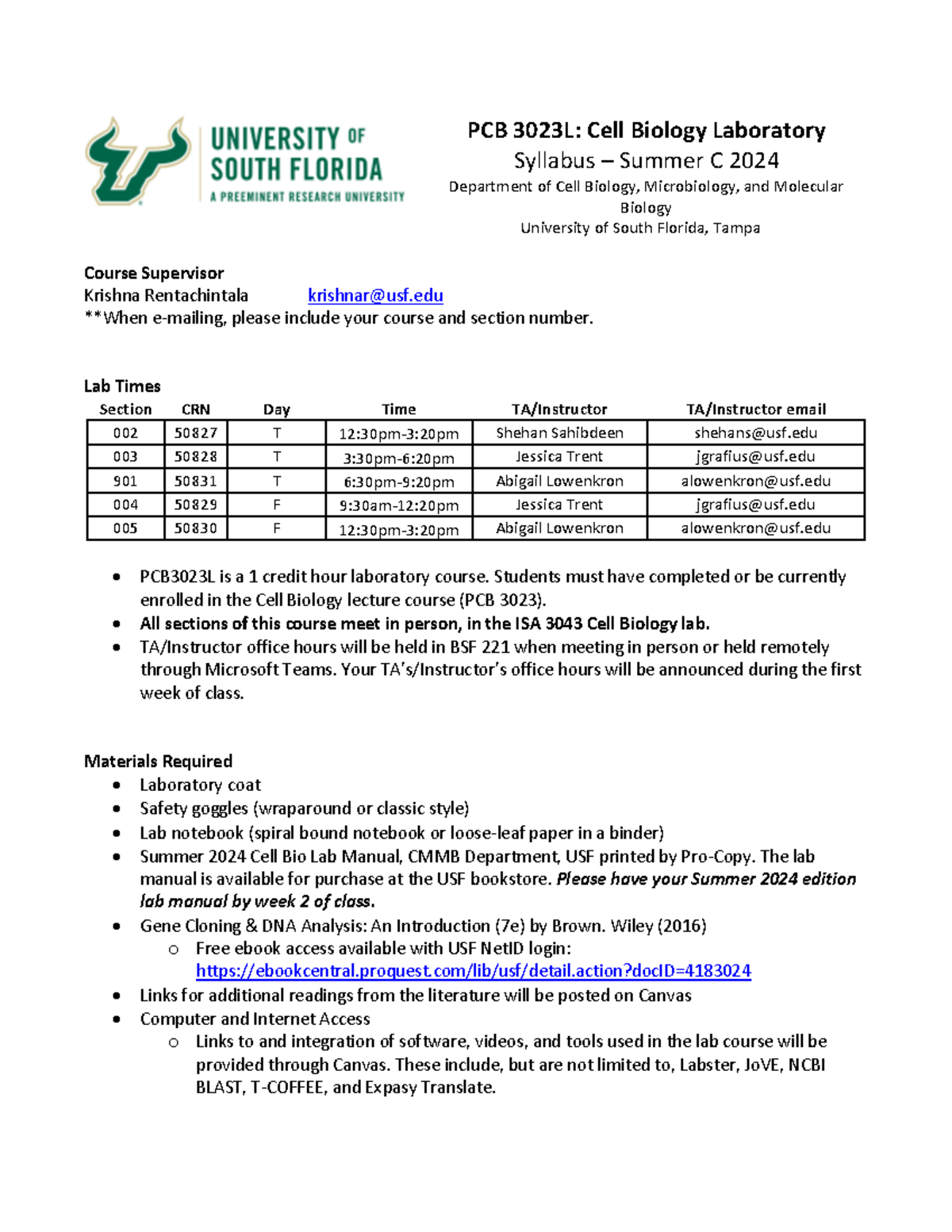 PCB3023L Cell Bio Lab Summer 2024 Syllabus - PCB 3023L: Cell Biology ...