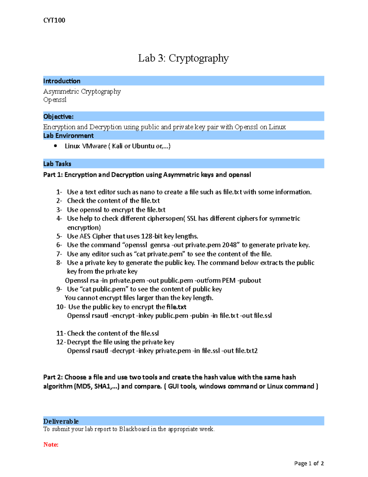 CYT 100 - Lab 3-Crytography (1) - CYT Lab 3: Cryptography Introduction Asymmetric Cryptography ...