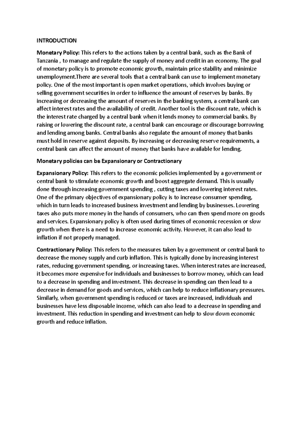 The theory of money - INTRODUCTION Monetary Policy: This refers to the ...