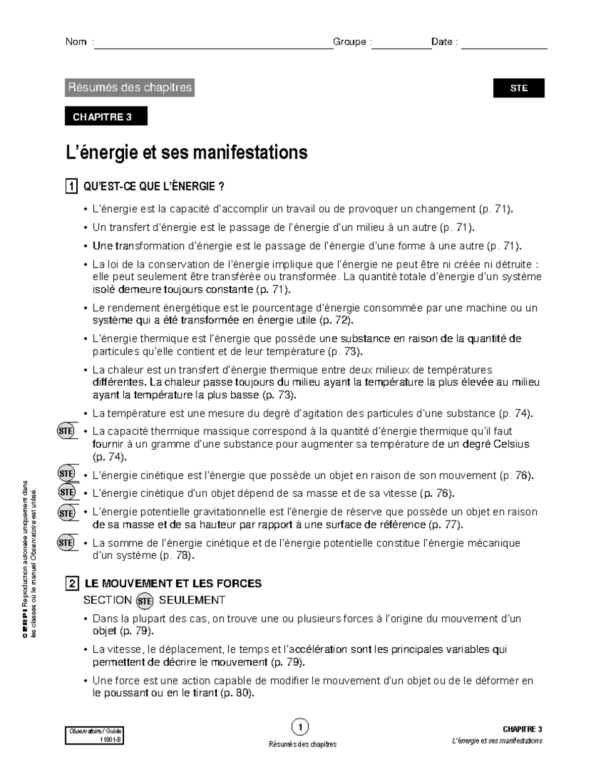 Chap3 résumé STE - Résumé de la matière de STE, ERPI Observatoire - Nom ...