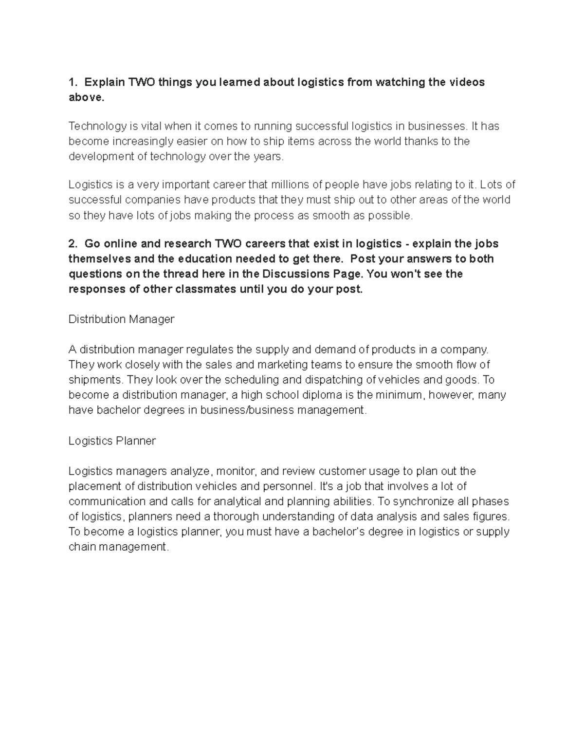 Logistics Discussion Questions - Explain TWO things you learned about ...