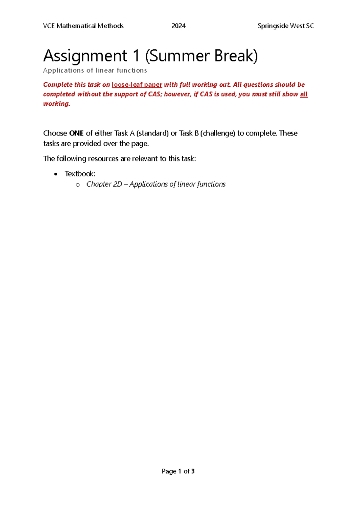 SWSC 2024 12MMA Assignment 1 - VCE Mathematical Methods 2024 Springside ...