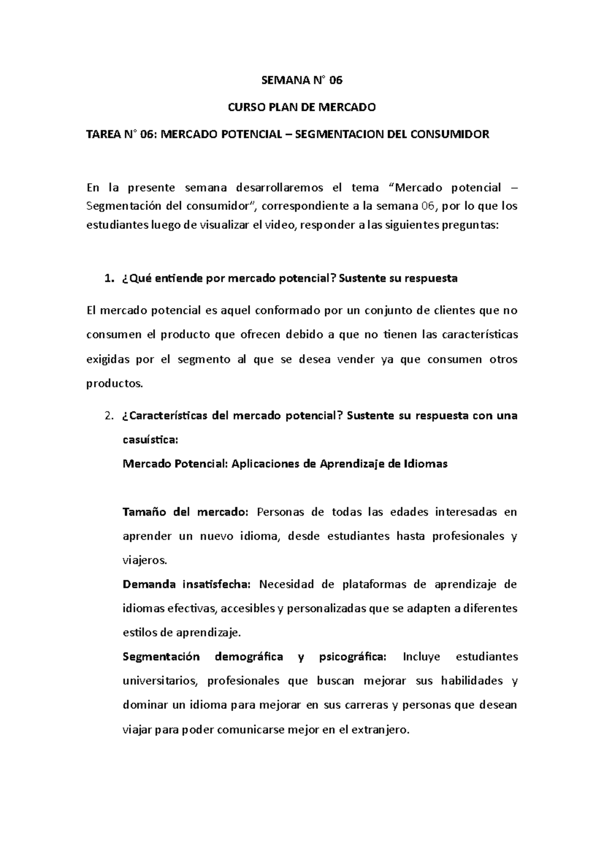 Semana N° 06 - Plan de Mercado - SEMANA N° 06 CURSO PLAN DE MERCADO TAREA N° 06: MERCADO ...