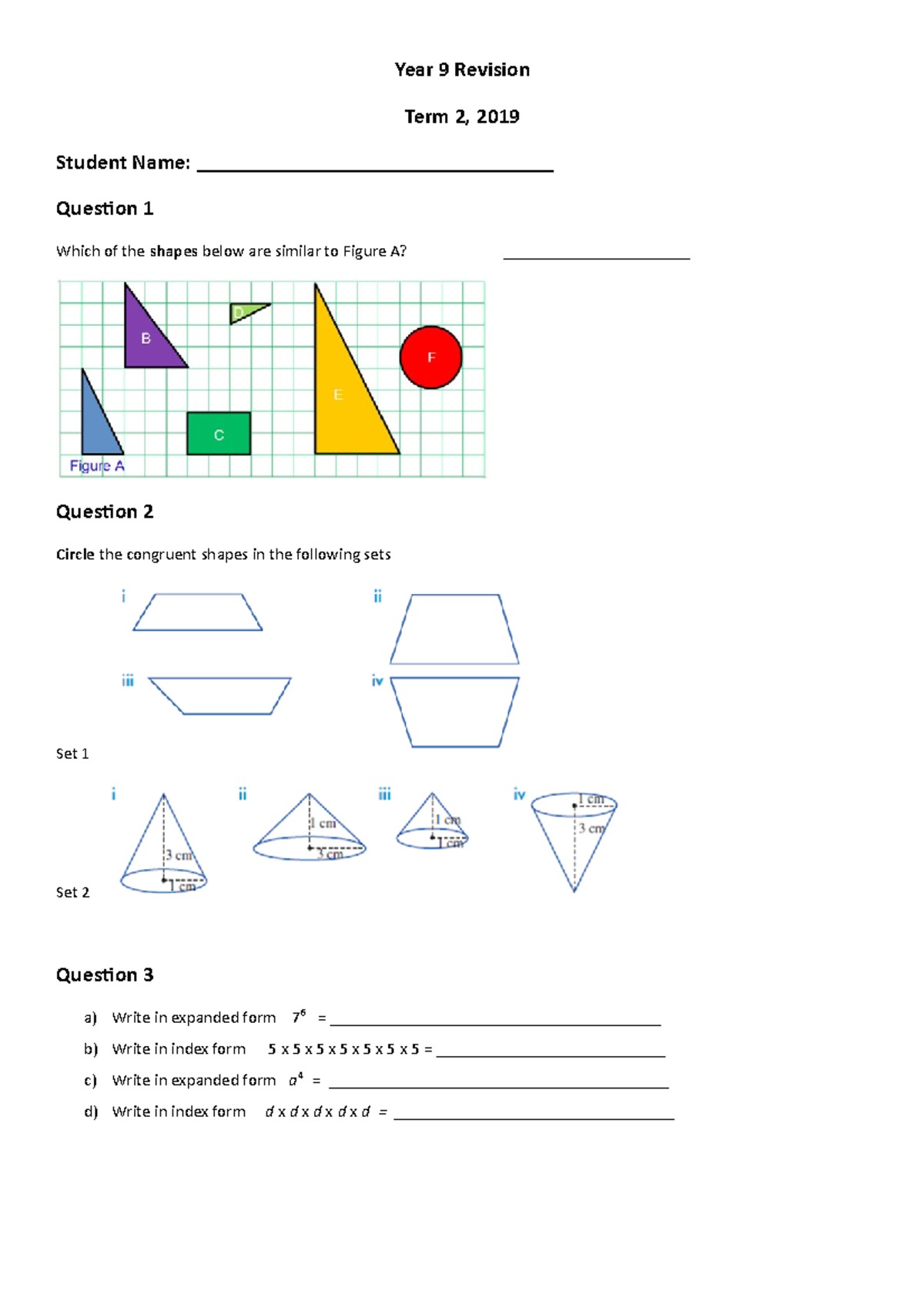 Year 9 Revision Term 2 2019 - Year 9 Revision Term 2, 2019 Student Name ...
