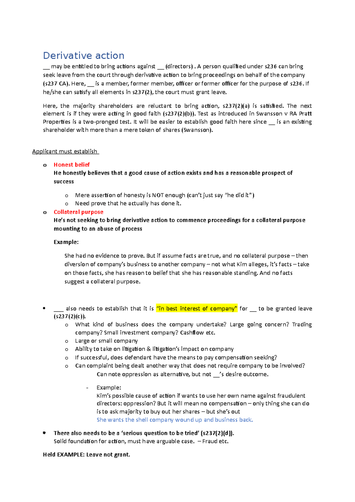 Derivative Action - Derivative action __ may be entitled to bring ...