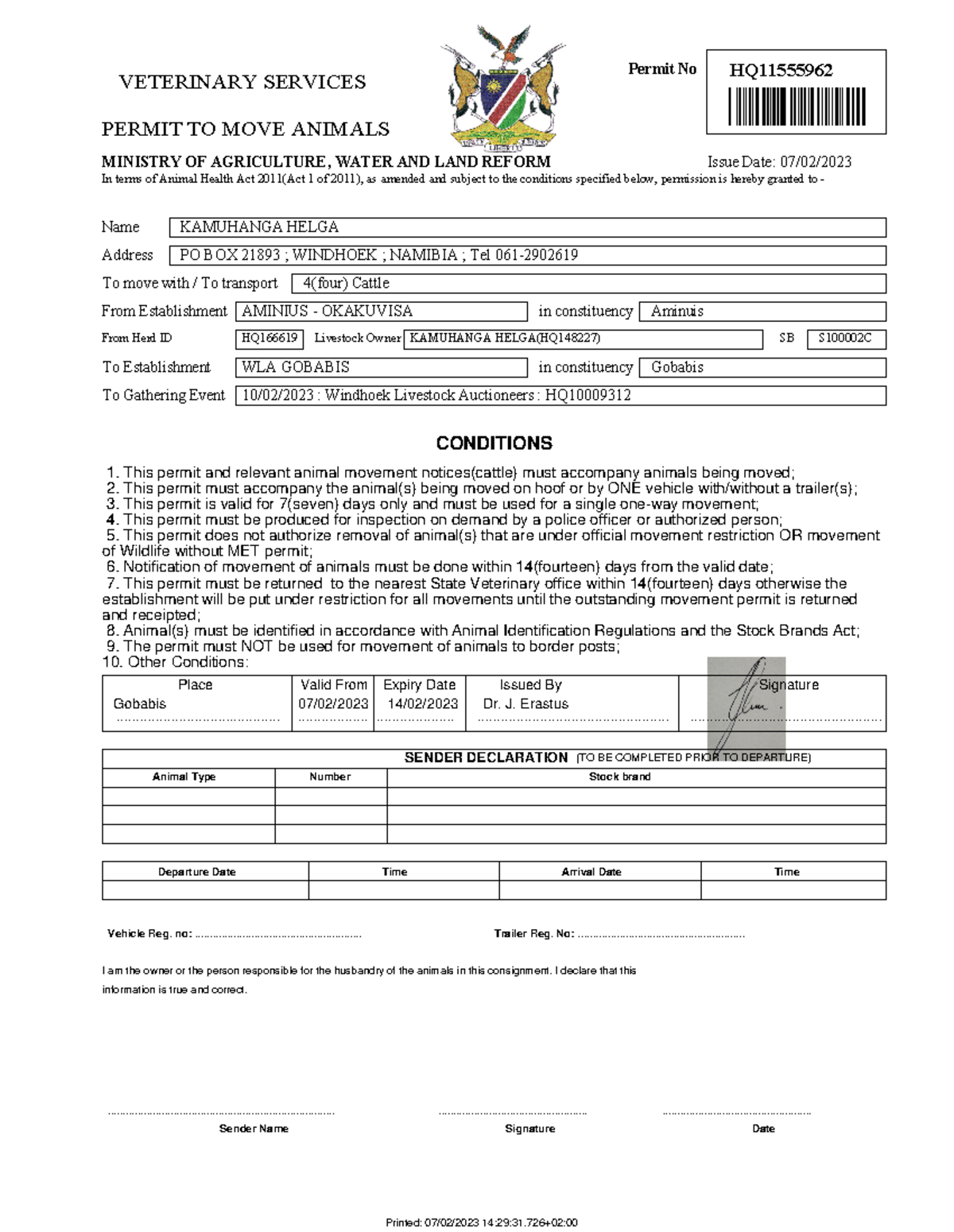 HQ11555962 - Practicals - VETERINARY SERVICES PERMIT TO MOVE ANIMALS ...