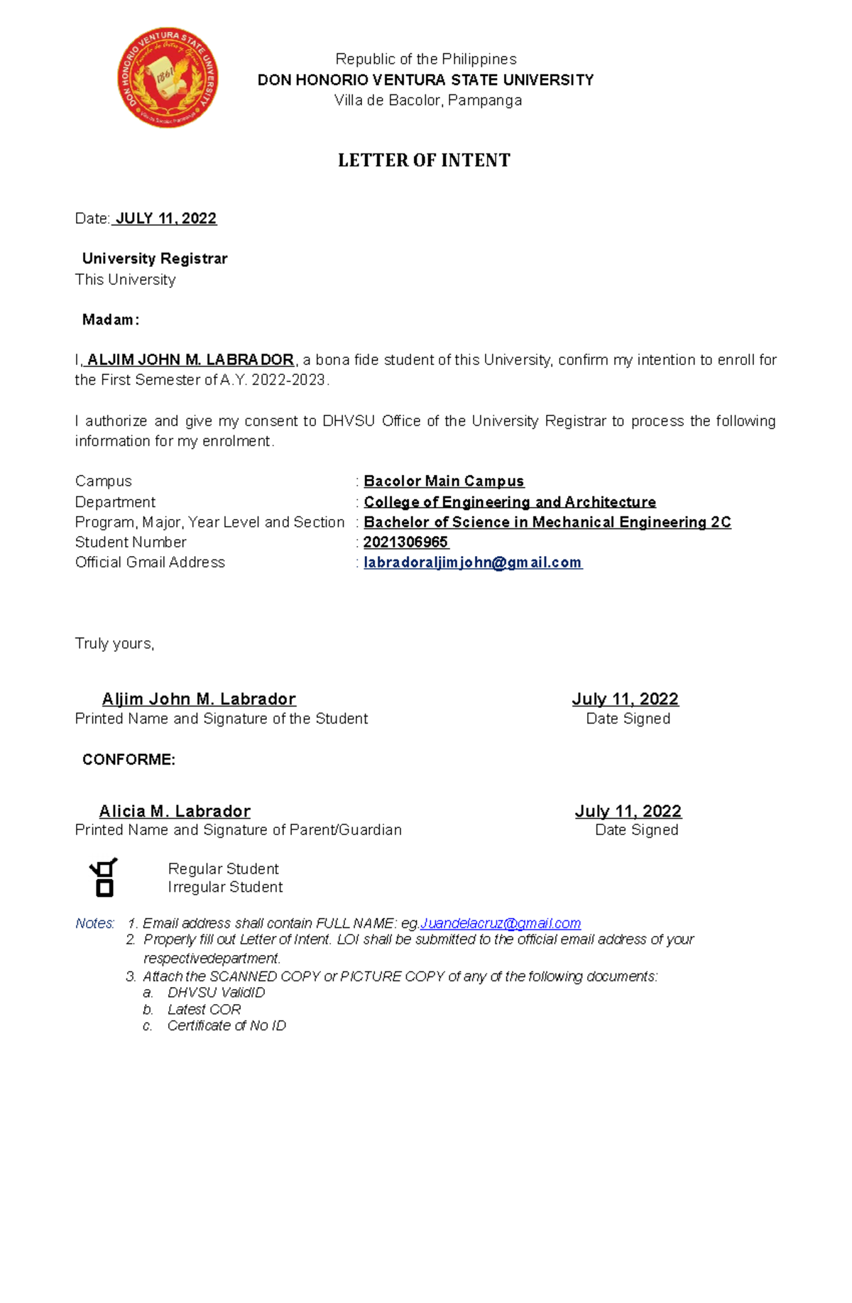 LOI- Template - nhgnghmhh - Republic of the Philippines DON HONORIO ...