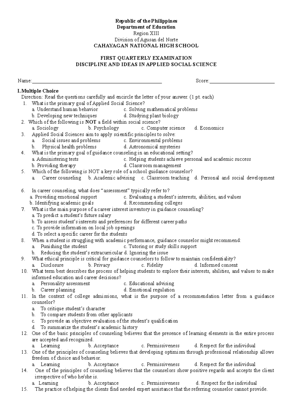 First Quarterly Examination in Discipline and Ideas in Applied Social ...