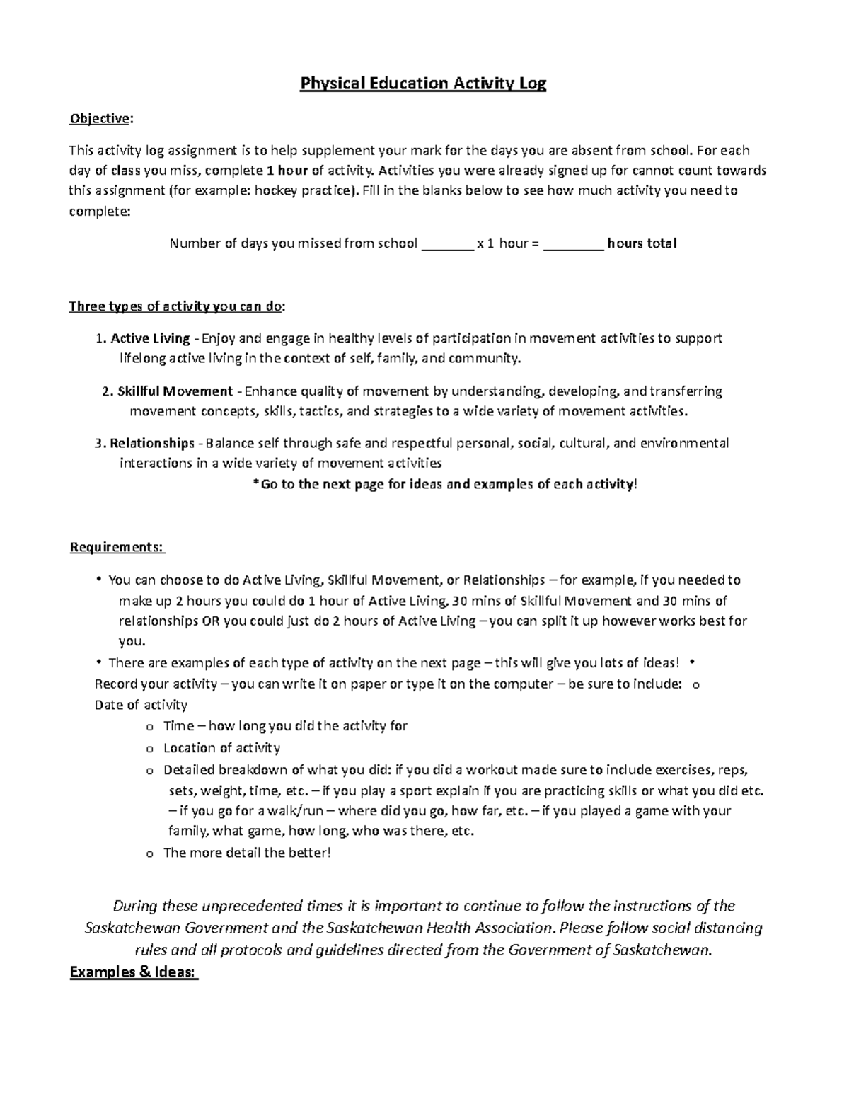 Activity Log Assignment 2 - Physical Education Activity Log Objective ...