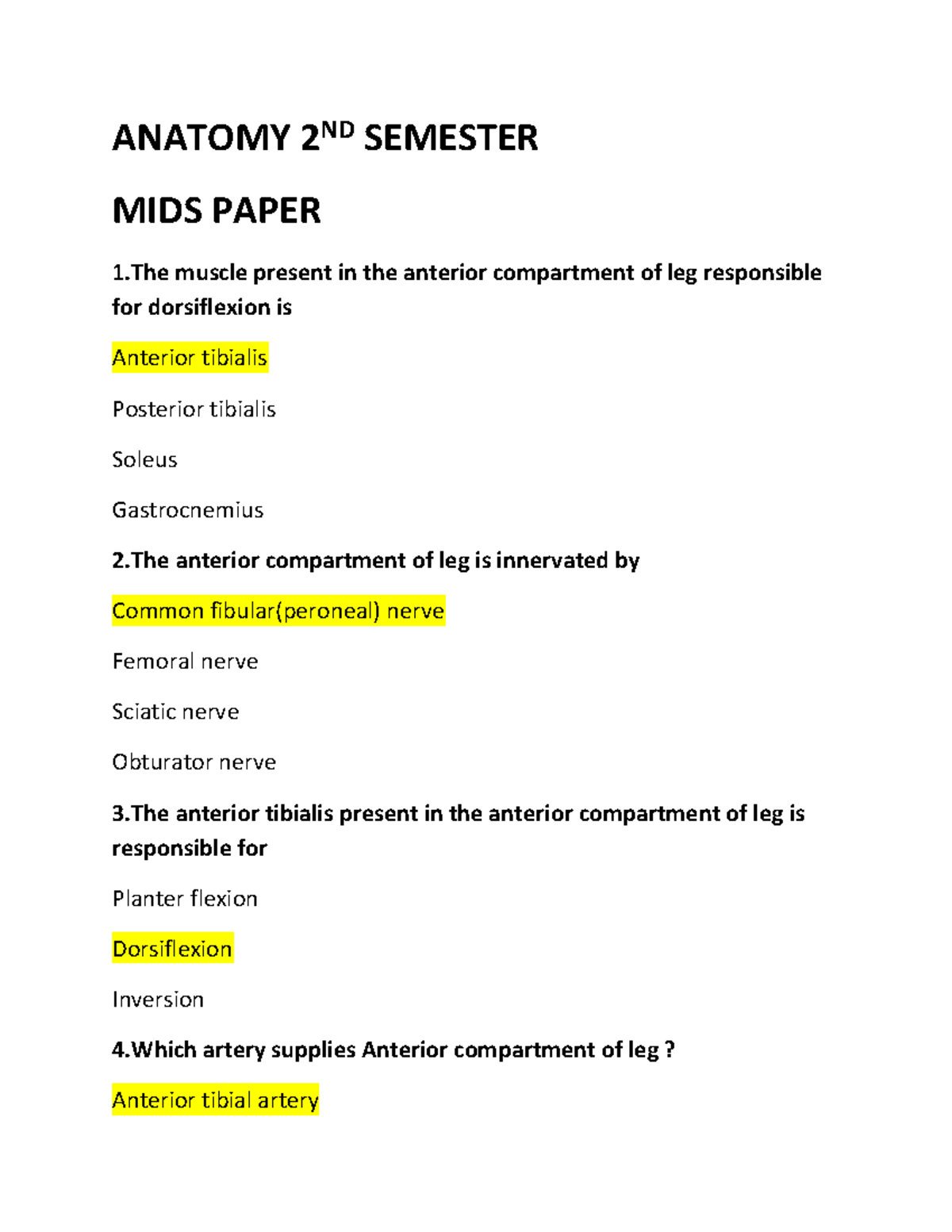Anatomy mid Szabmu Fall 2023 - ANATOMY 2 ND SEMESTER MIDS PAPER 1 muscle present in the anterior ...