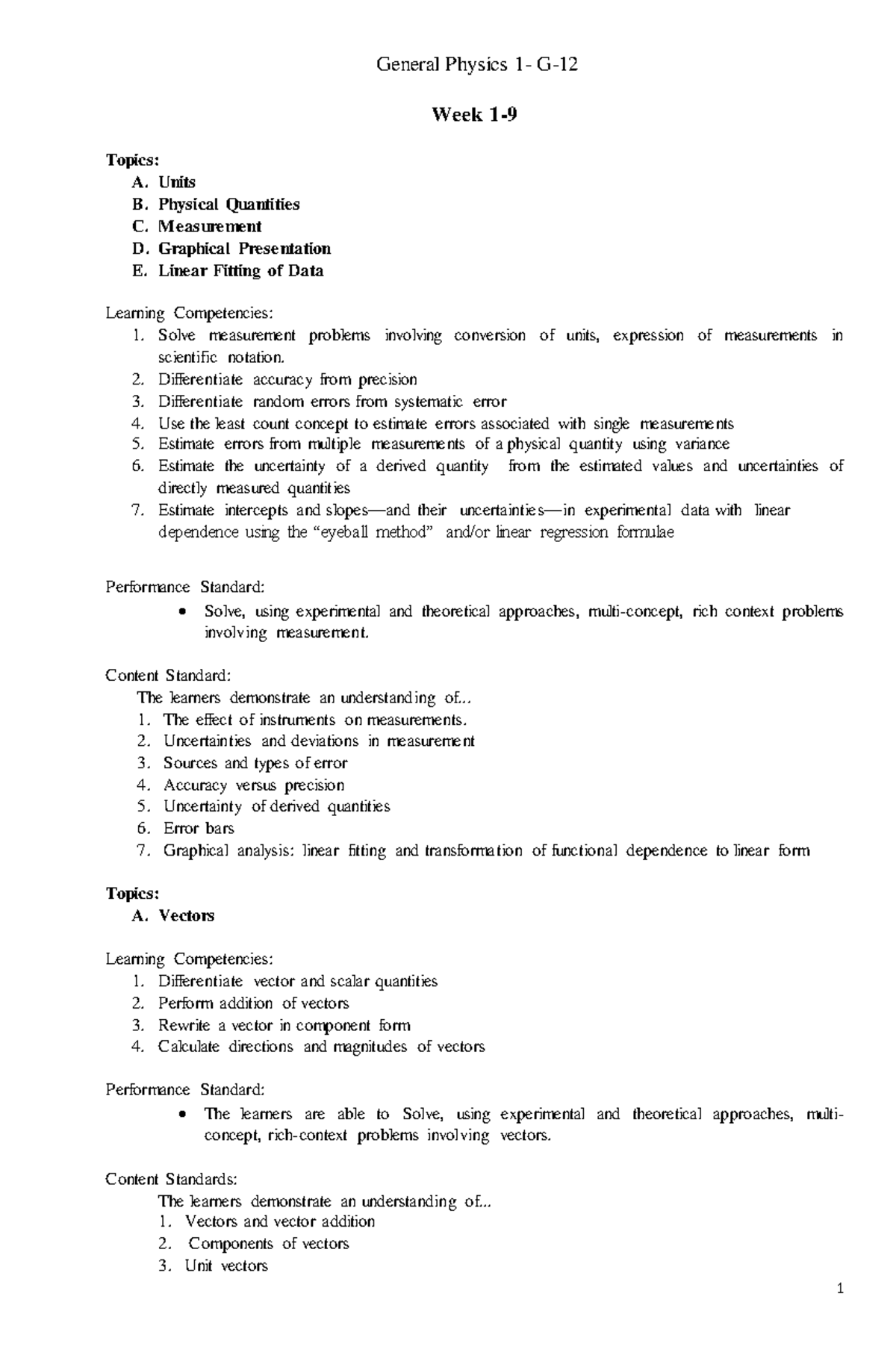 General Physics 1 for SHS Calauag - General Physics 1- G- Week 1 ...